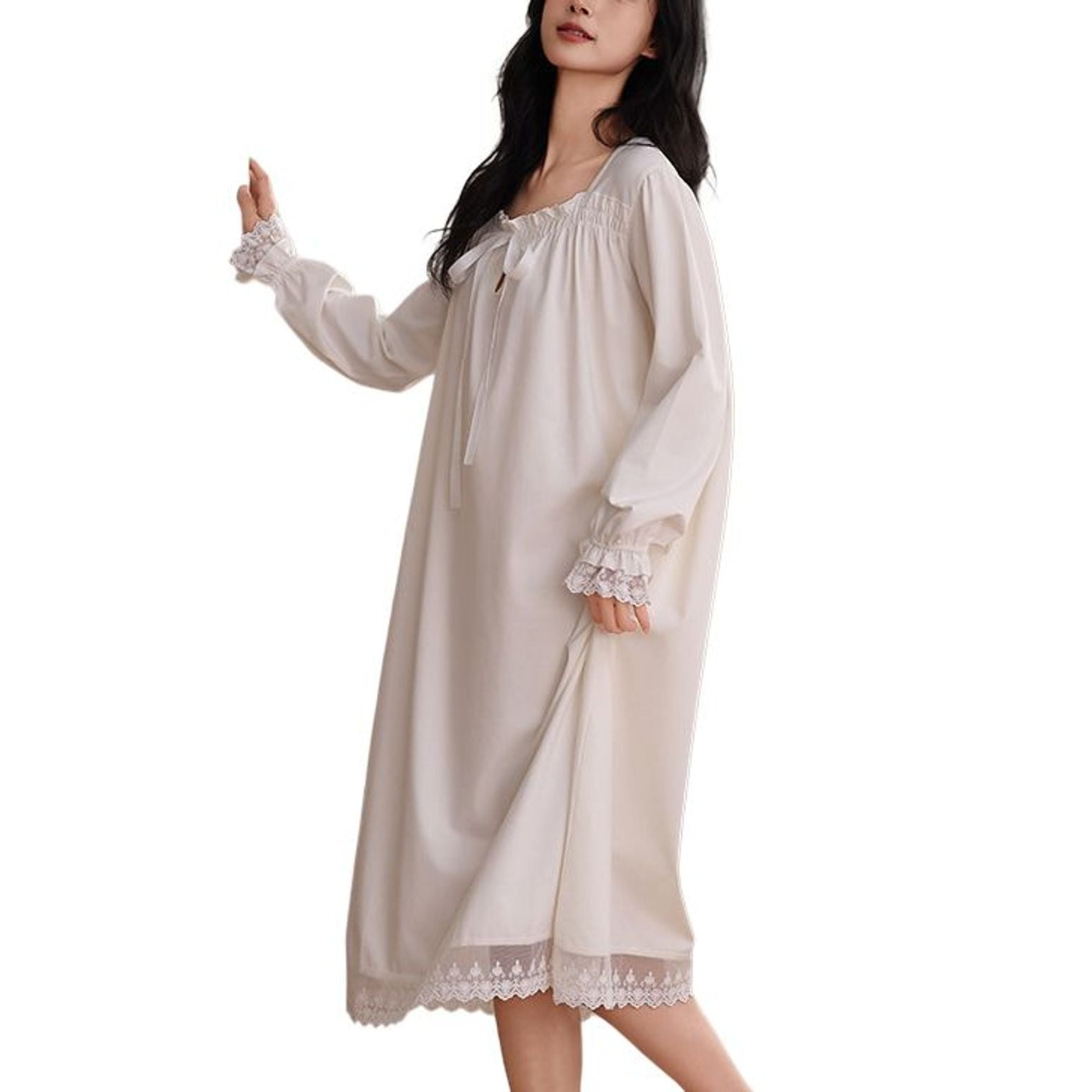 Defitshape Women's Long Sleeve Nightgown Victorian Night Gown V Neck ...