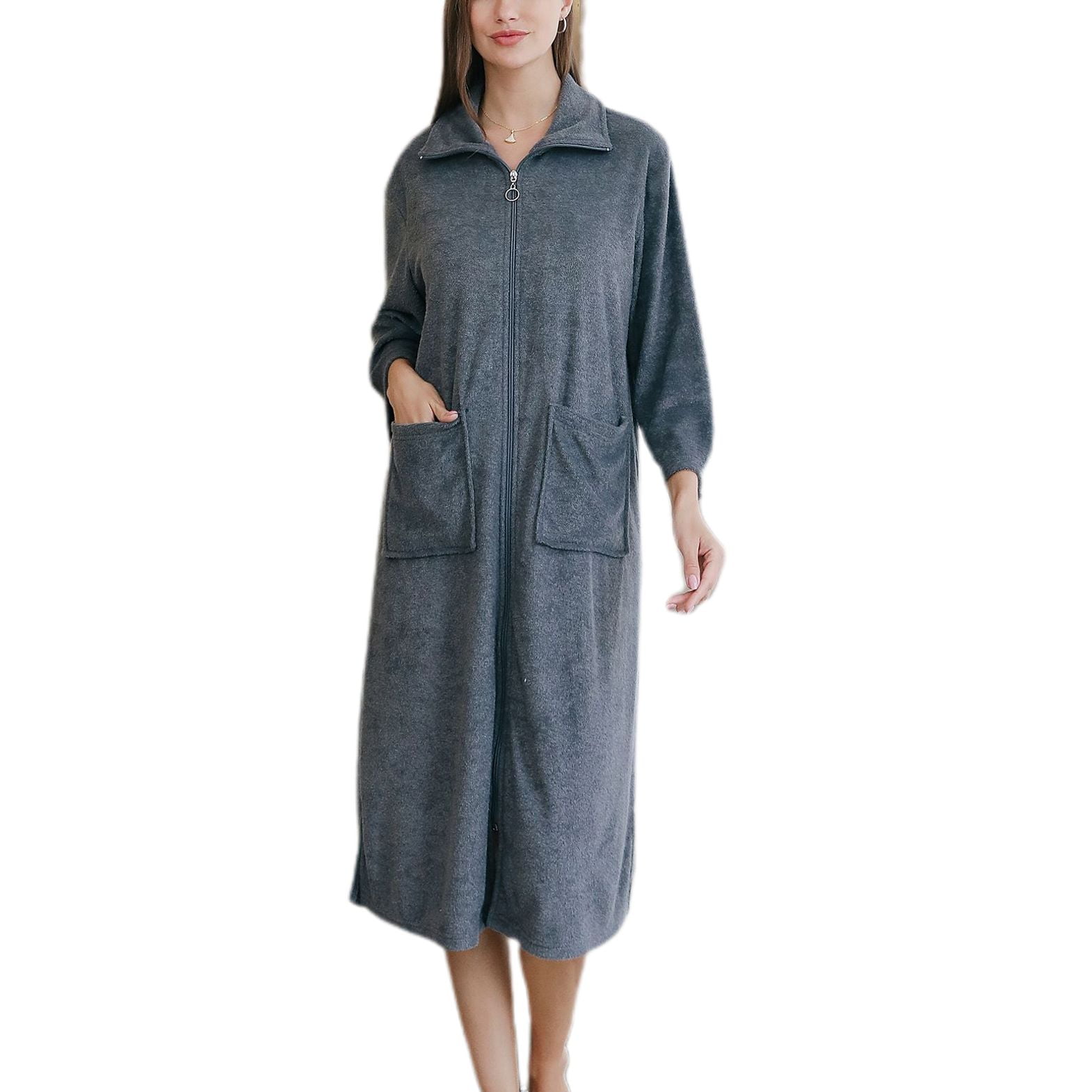 Defitshape Women's Long Sleeve Robe Soft Zip UP House Coat SPA Bath ...