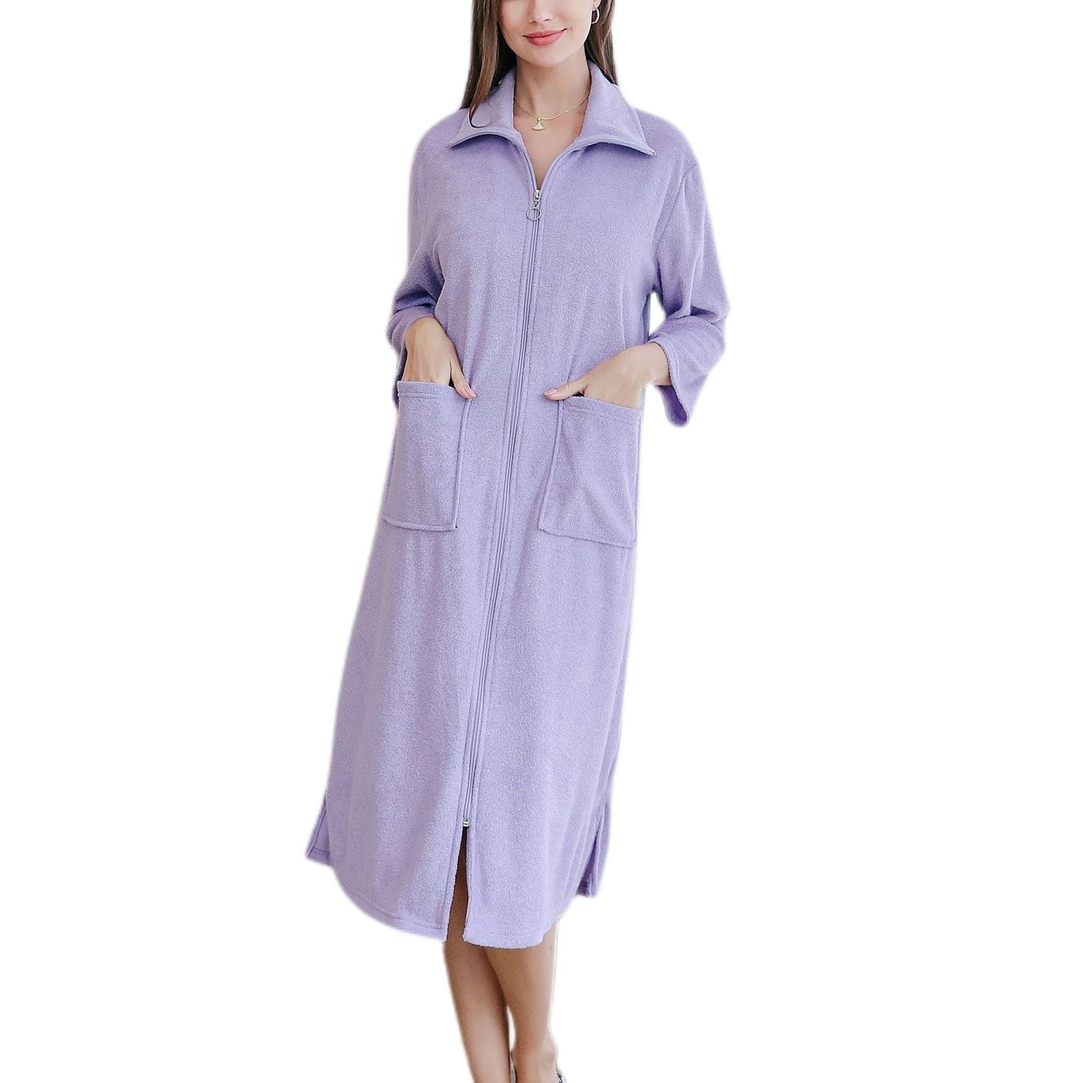 Defitshape Women's Long Sleeve Robe Soft Zip UP House Coat SPA Bath ...