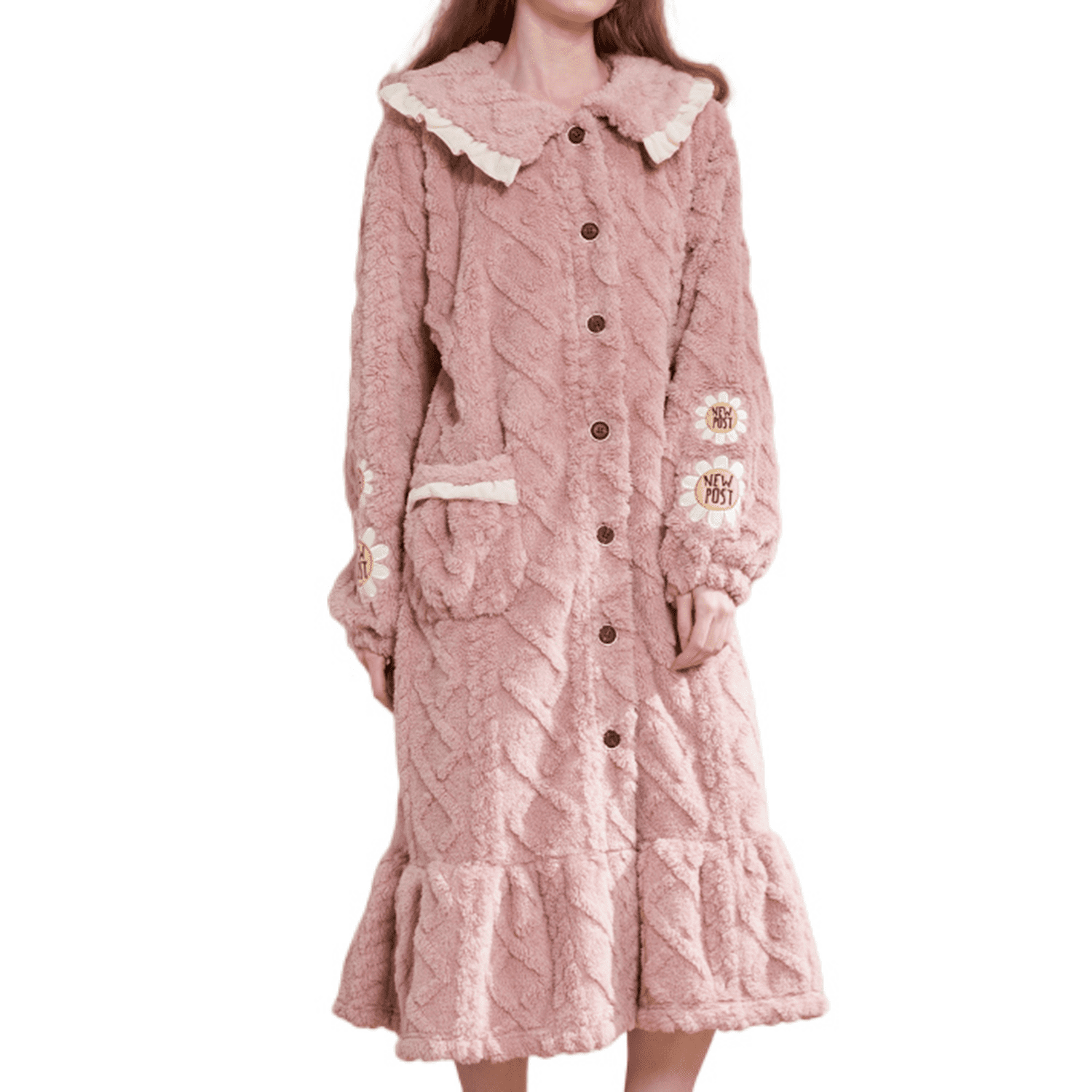 Defitshape Women's Long Sleeve Robe Winter Soft Fuzzy Plush Button Down ...