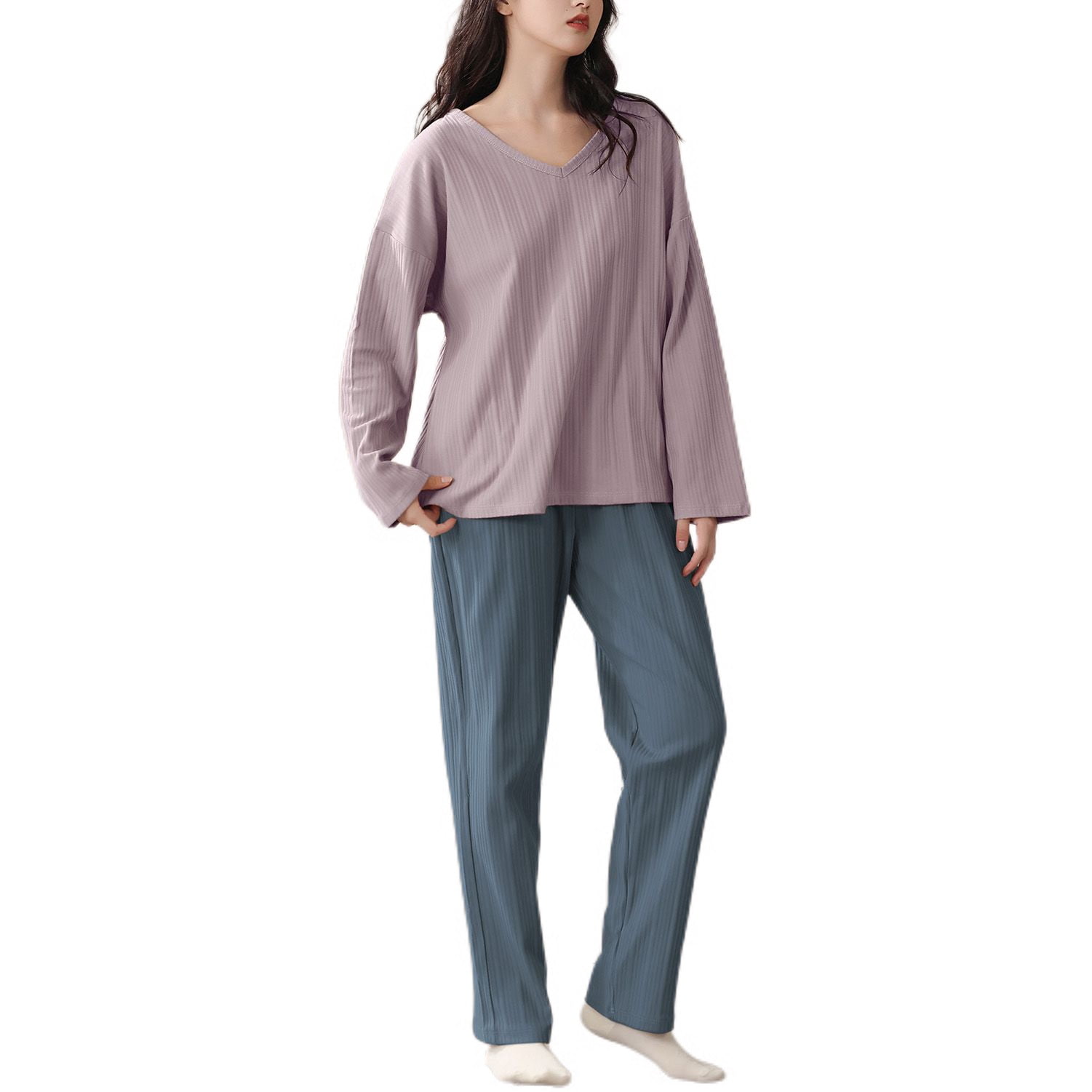 Defitshape Women's Long Sleeve Shirt Pants Set 2 Piece Ribbed Cotton ...