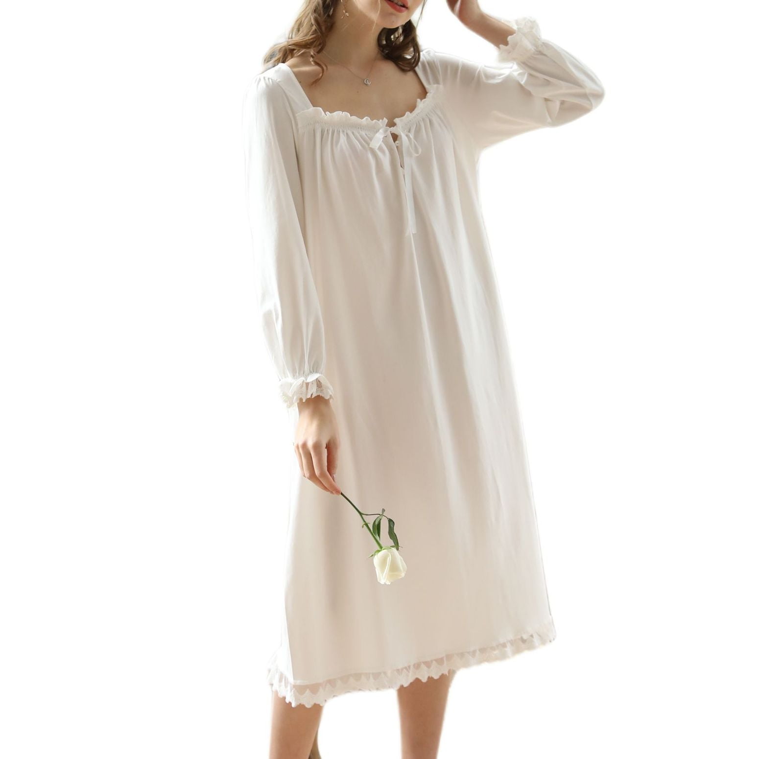 Defitshape Women's Long Sleeve Victorian Nightgown Cotton Princess ...
