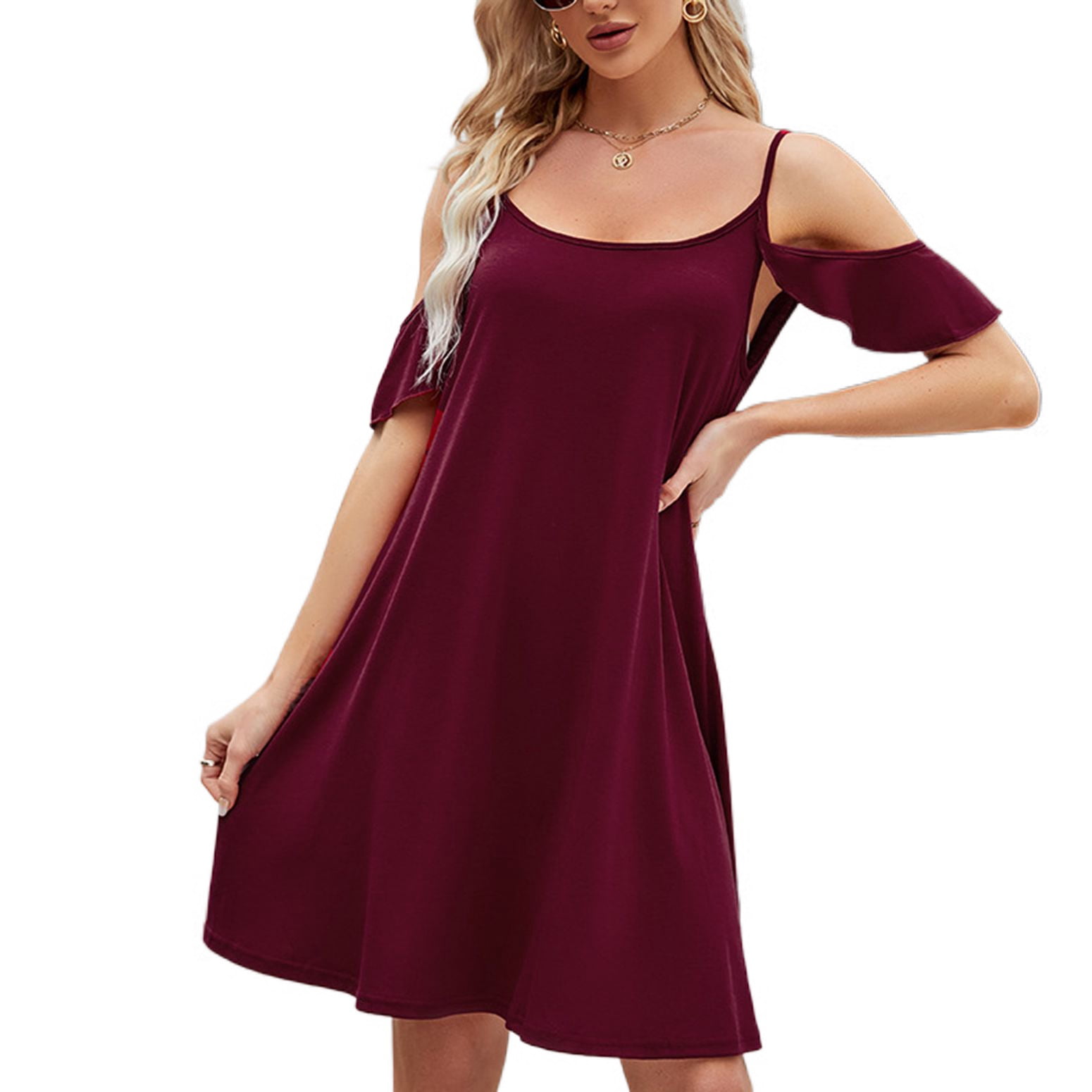Defitshape Women's Midi Dress Cold Shoulder Sleeveless Sundress Cute ...