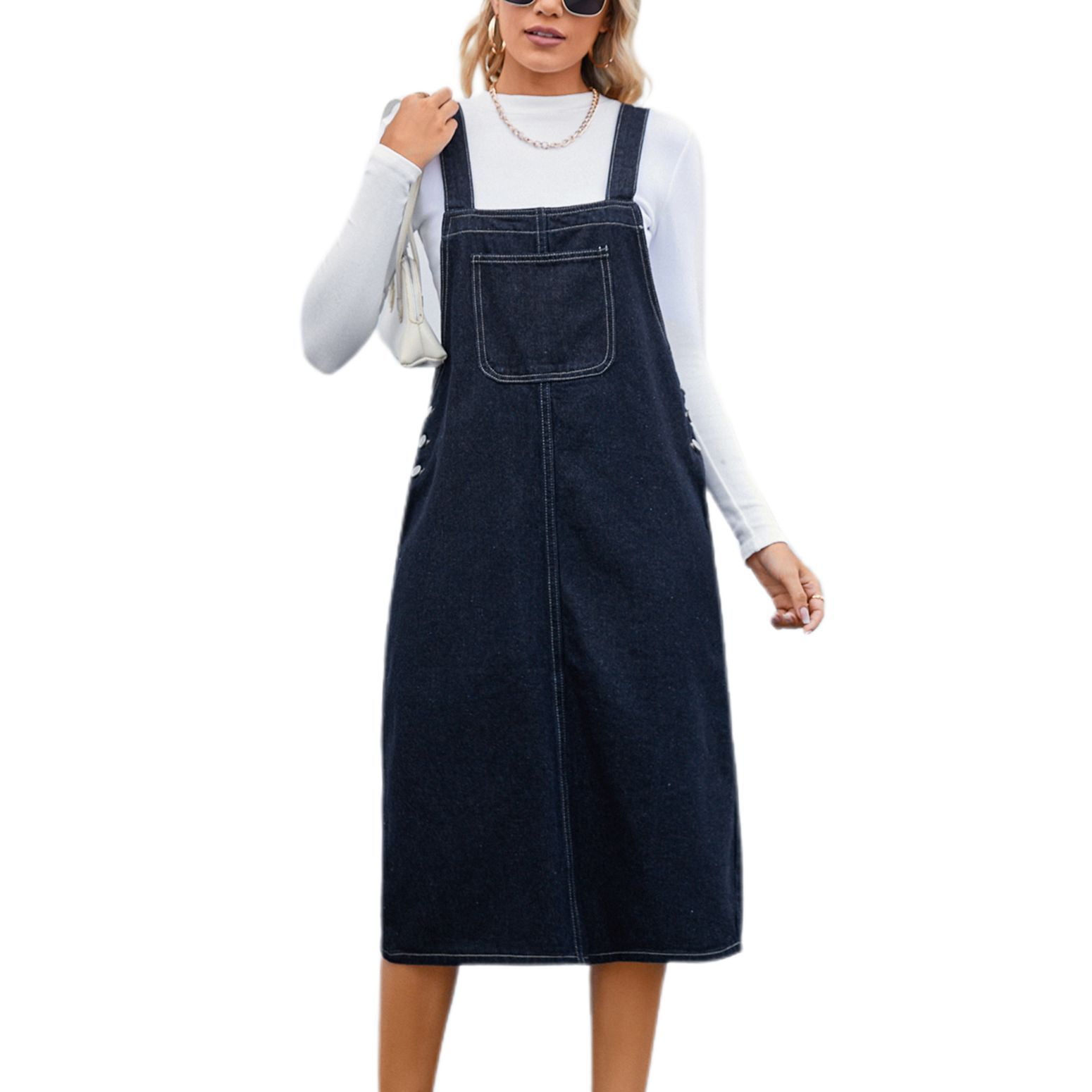 Defitshape Women's Overall Denim Dress Midi Strap Dress Jean Jumper ...