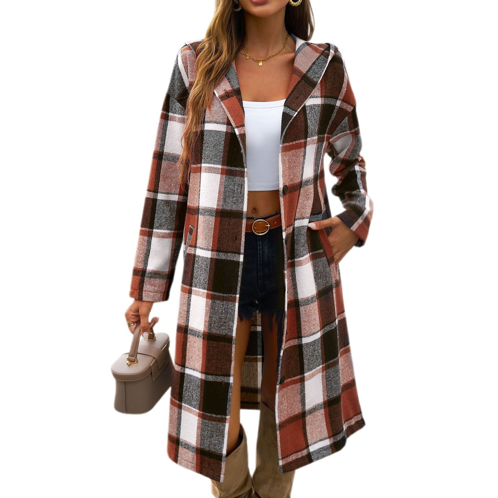 Defitshape Women's Plaid Trench Coat Long Shacket Hooded Long Sleeve ...