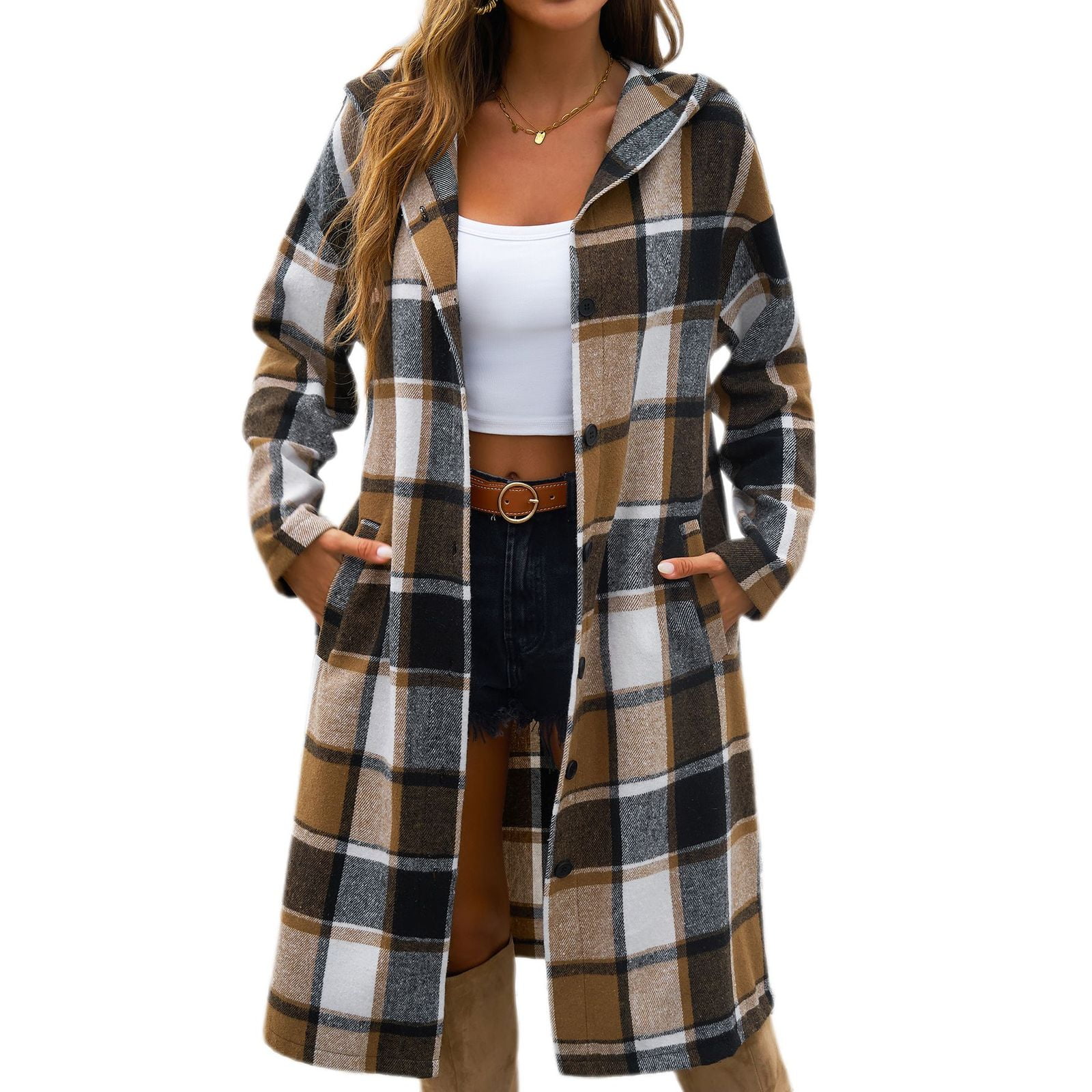 Defitshape Women's Plaid Trench Coat Long Shacket Hooded Long Sleeve ...