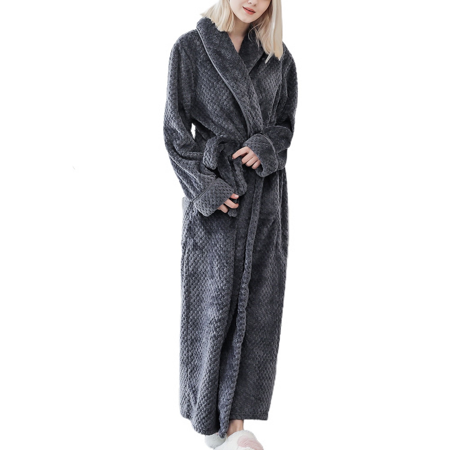 Defitshape Women's Plush Long Robe Soft Cozy Long Sleeve Full Length ...