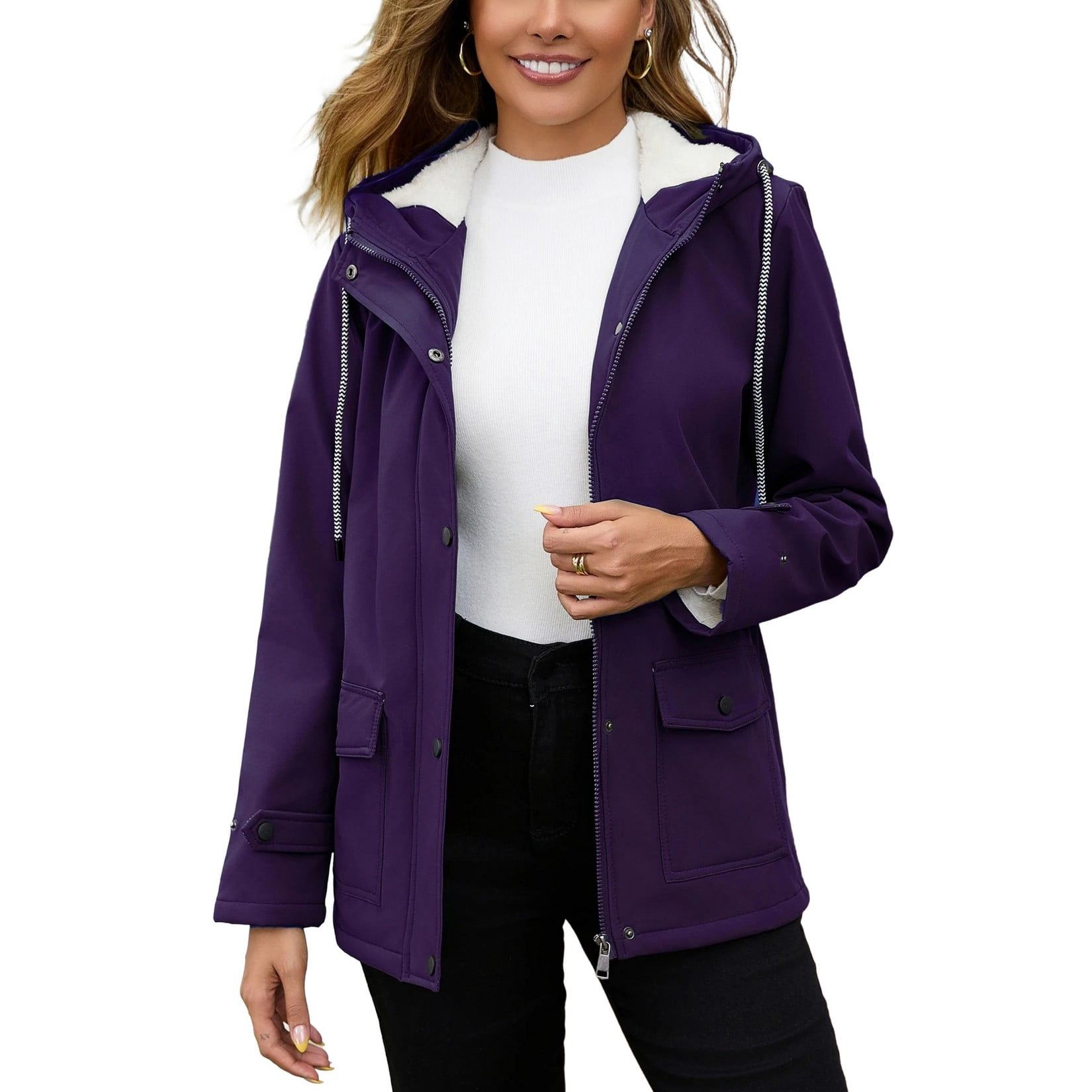 Defitshape Women's Rain Jacket Hooded Rain Coat Zip Up Anorak Fleece ...