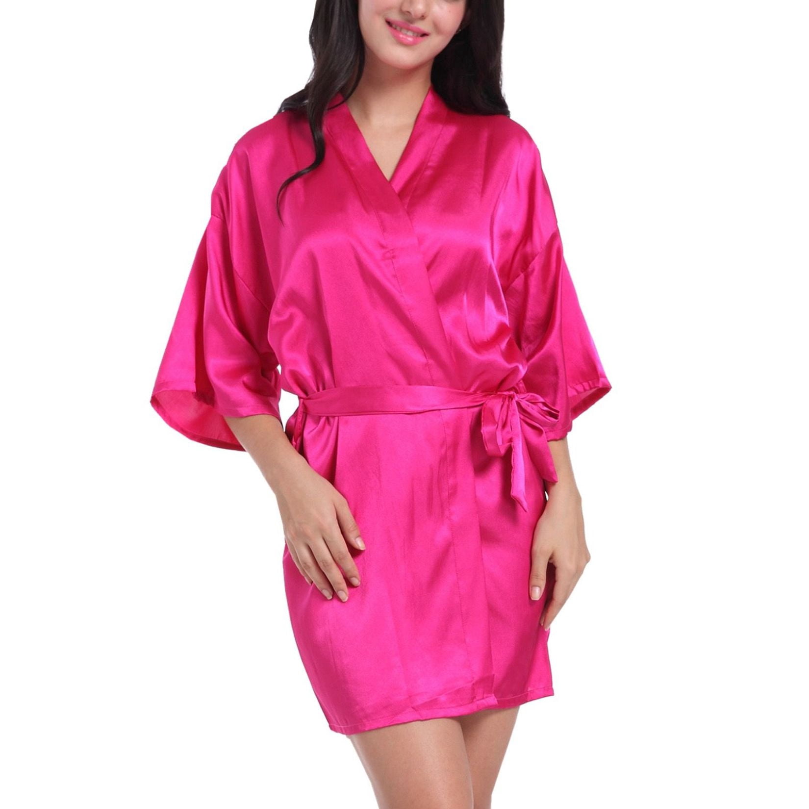 Defitshape Women's Satin Kimono Bath Robe Billowy Bathrobe Short Sleeve ...