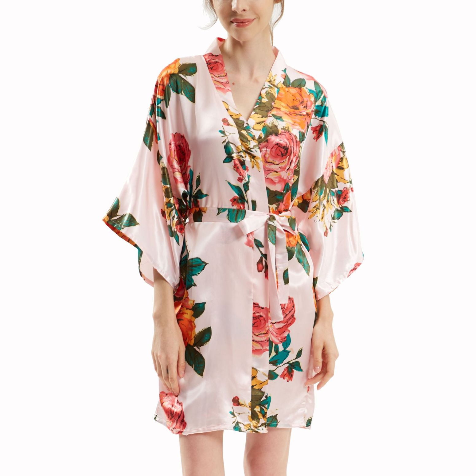 Defitshape Women's Satin Kimono Robes Silk Short Floral Robe Bride ...