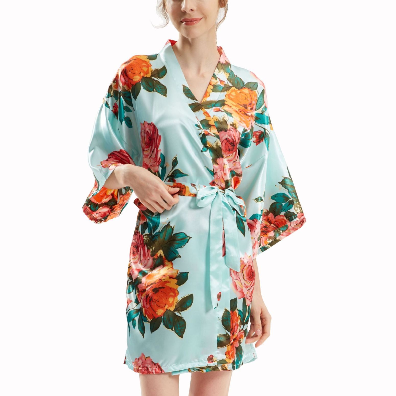 Defitshape Women's Satin Kimono Robes Silk Short Floral Robe Bride ...