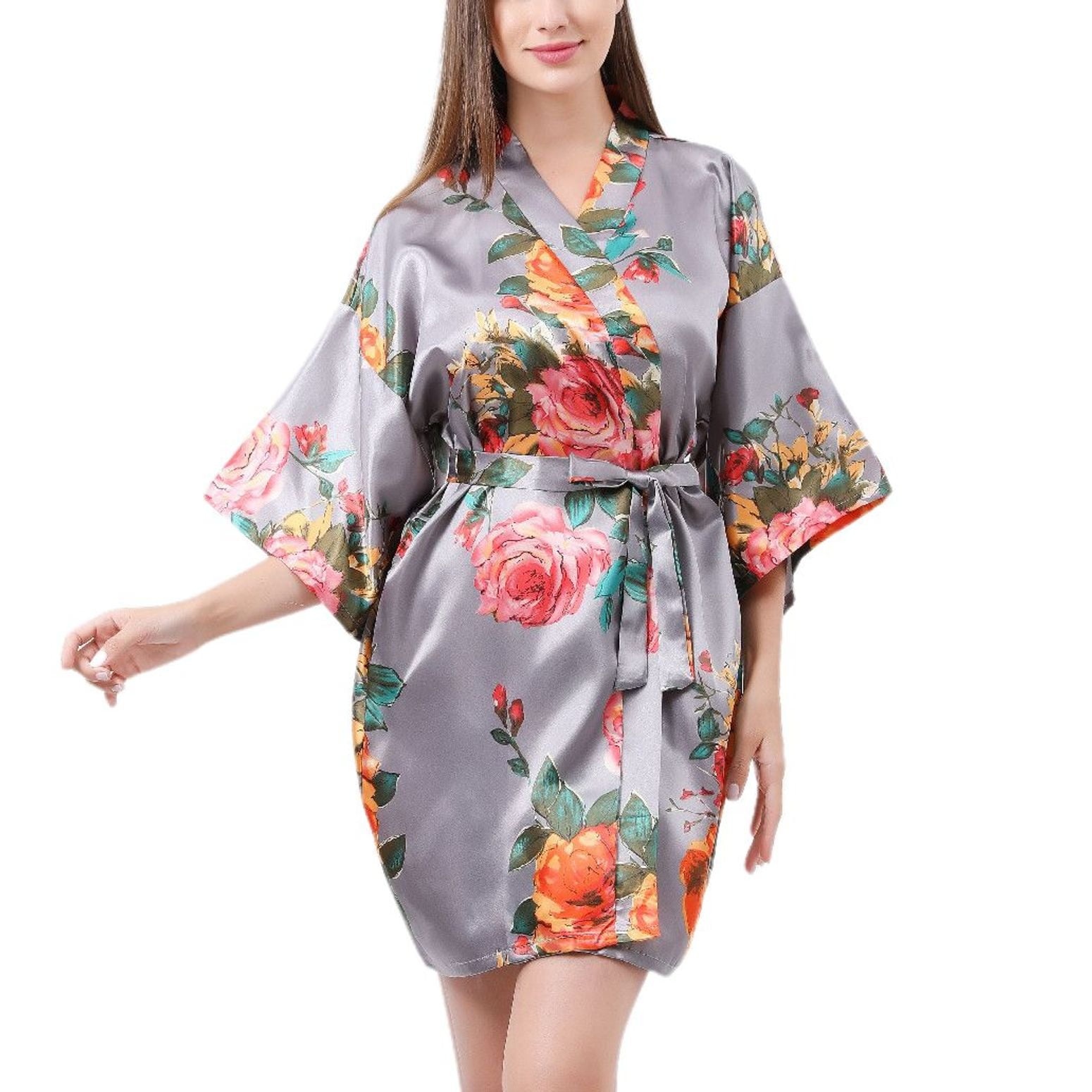 Defitshape Women's Satin Kimono Robes Silk Short Floral Robe Bride ...