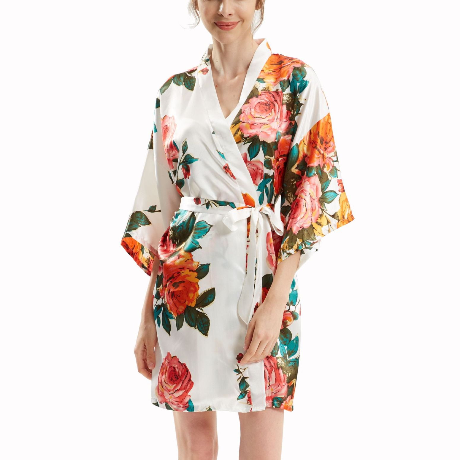 Defitshape Women's Satin Kimono Robes Silk Short Floral Robe Bride ...