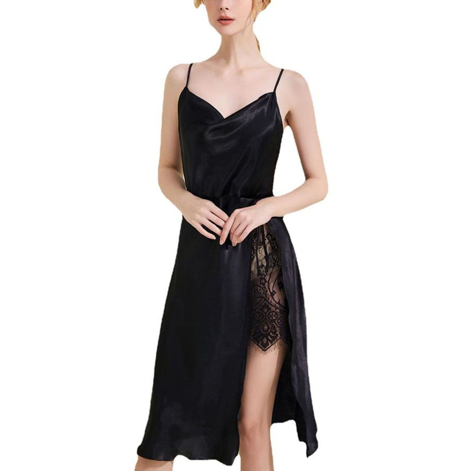 Defitshape Women's Satin Nightgown Cowl Neck Chemise Midi Sleep Dress ...