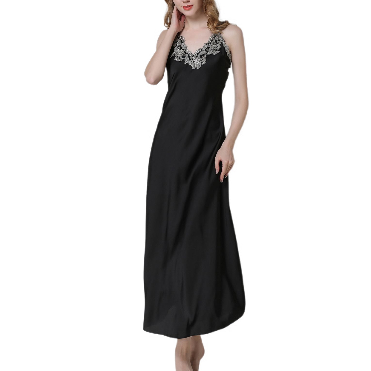 Defitshape Women's Satin Nightgown Full Length Lace V-Neck Pajamas ...