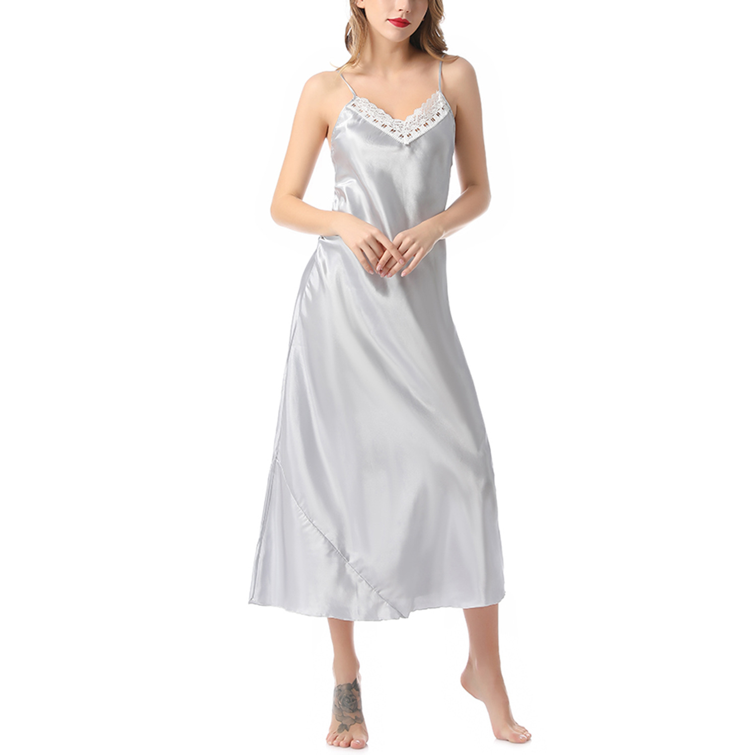 Defitshape Women's Satin Nightgown Long Silk Sleep Dress Sleep Dress ...