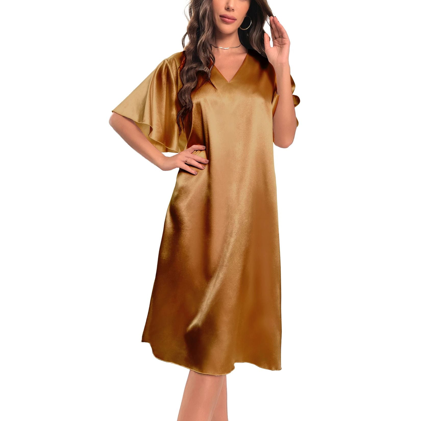 Defitshape Women's Satin Nightgown Summer Pajamas Dress Short Sleeve ...