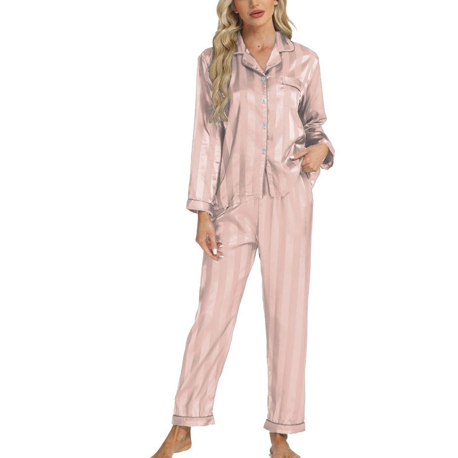 Defitshape Women's Satin Pajama Set Luxury Striped Spring Fall ...