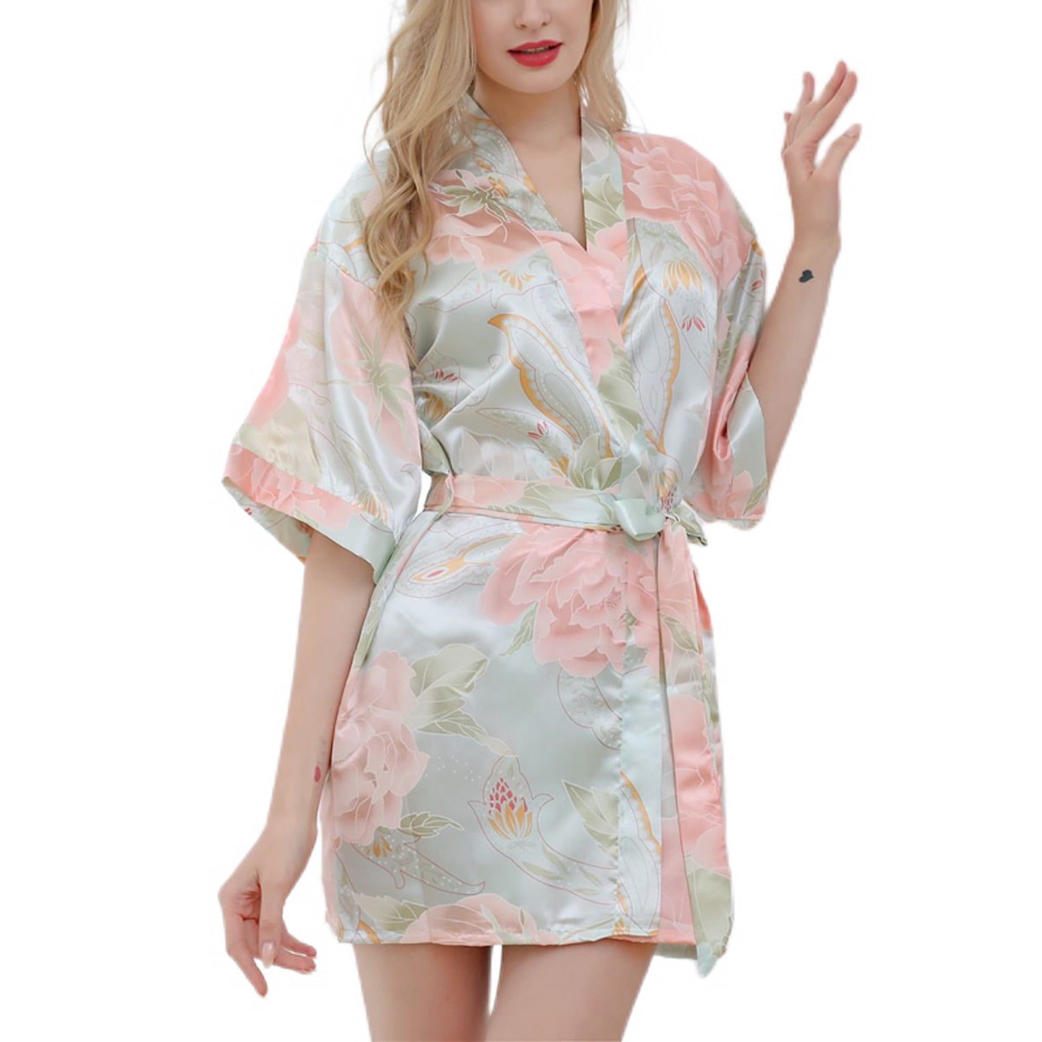 Defitshape Women's Satin Robe Floral Sexy Short Sleeve Kimono Soft ...