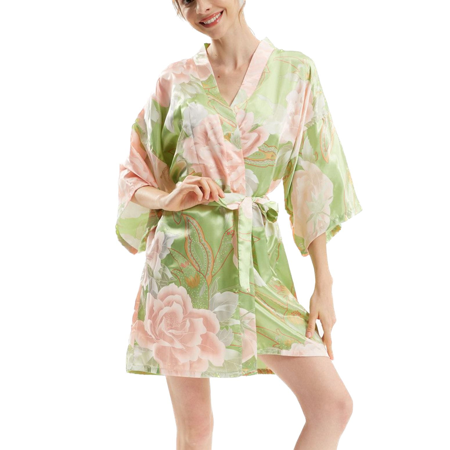 Defitshape Women's Satin Robe Short Sleeve Lightweight Pjs Silky ...