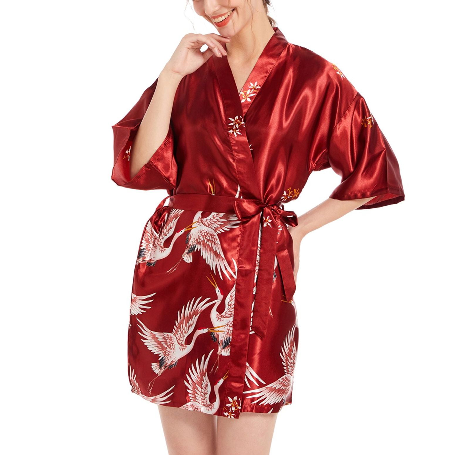 Defitshape Women's Satin Robes Soft Bathrobe Sexy Bride Short Sleeve ...