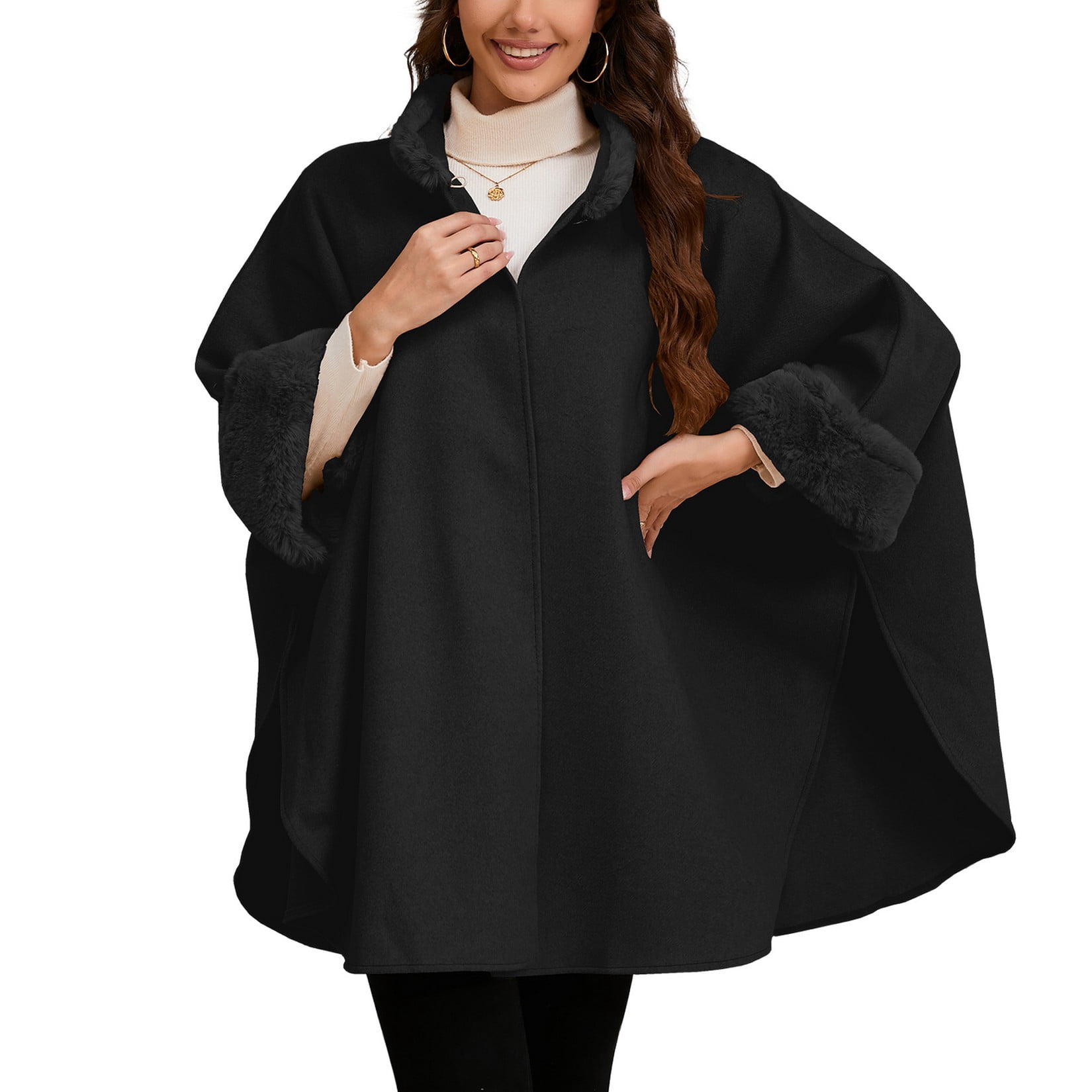 Defitshape Women's Shawl Cape Band Collar Capelet Brushed Poncho Coat ...