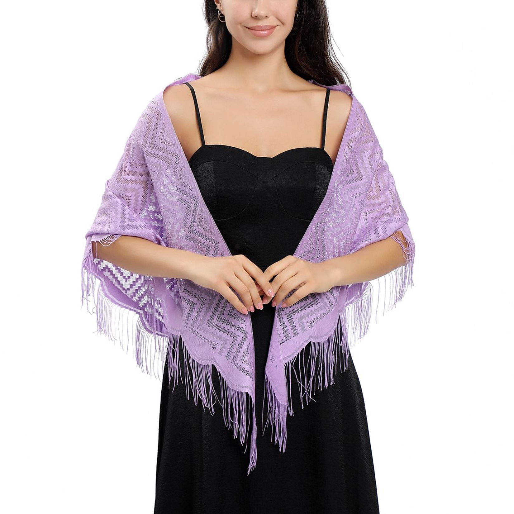 Defitshape Women's Sheer Pashmina Lace Shawl Cape Thin Soft Fringe Fall ...