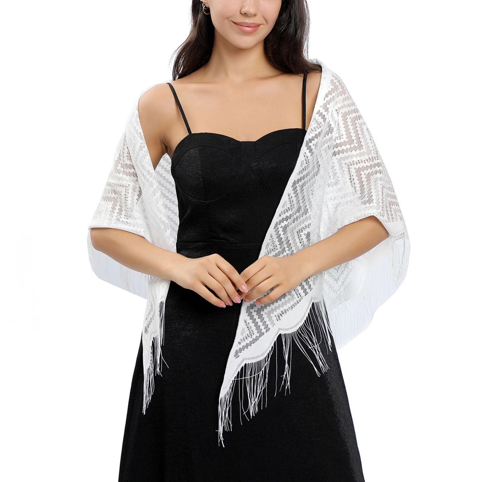 Defitshape Women's Sheer Pashmina Lace Shawl Cape Thin Soft Fringe Fall ...