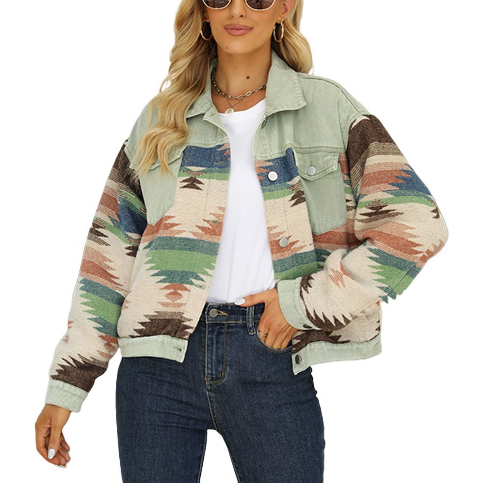 Defitshape Women's Short Jean Shacket Tribal Aztec Shirt Long Sleeve ...