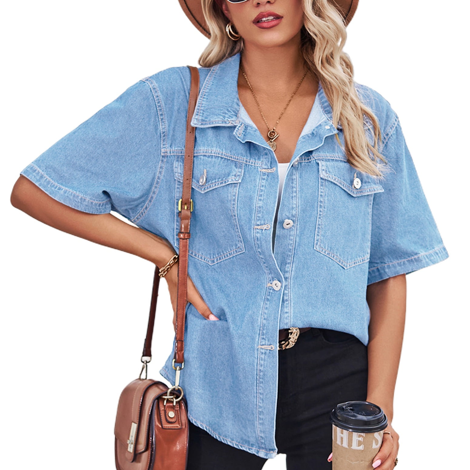 Defitshape Women's Short Sleeve Denim Shirt Button Up Top Denim ...