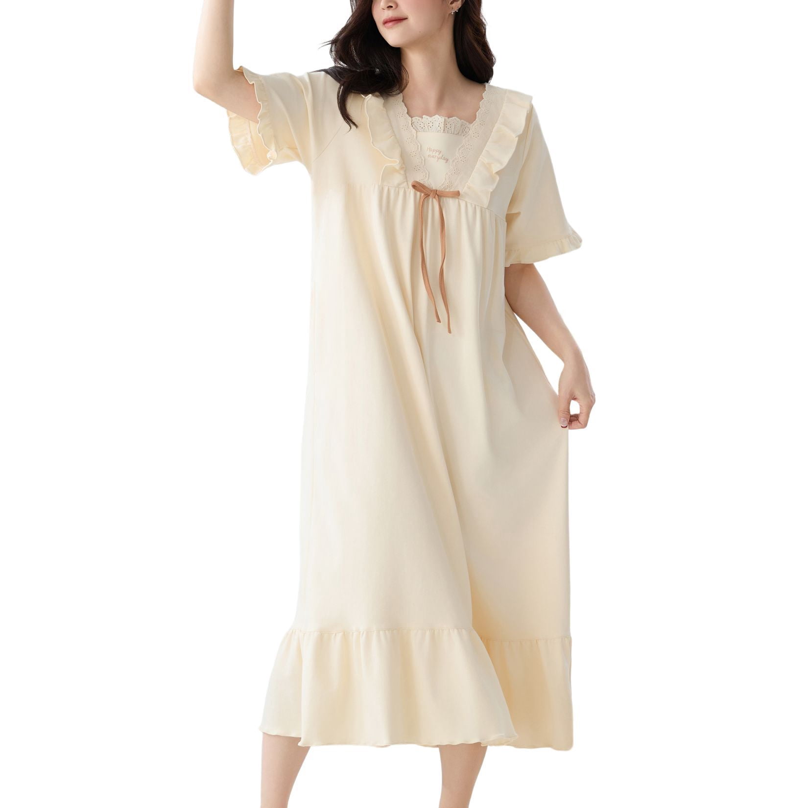 Defitshape Women's Short Sleeve Pajamas Cotton Nightgown V Neck Modern ...