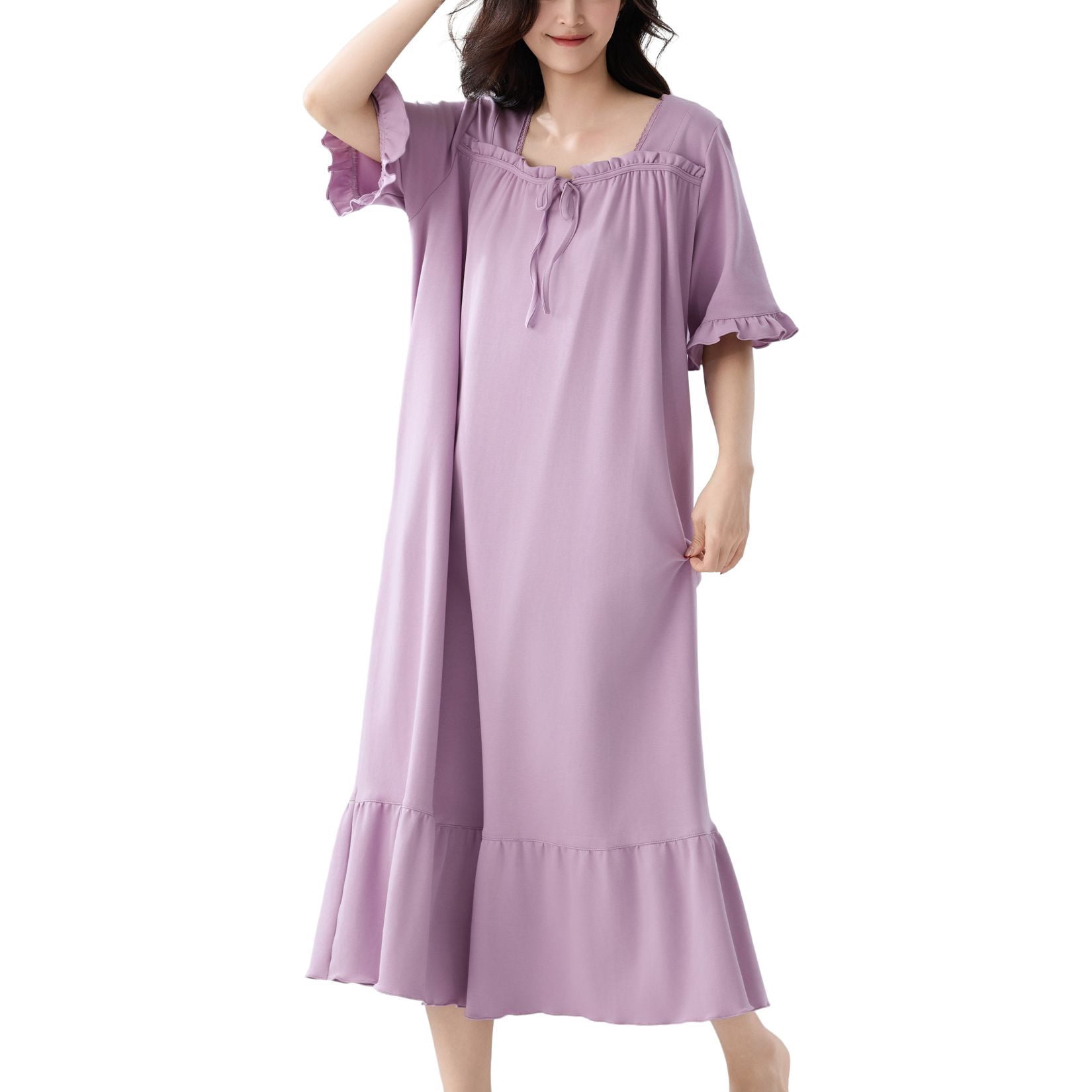 Defitshape Women's Short Sleeve Pajamas Cotton Nightgown V Neck Modern ...