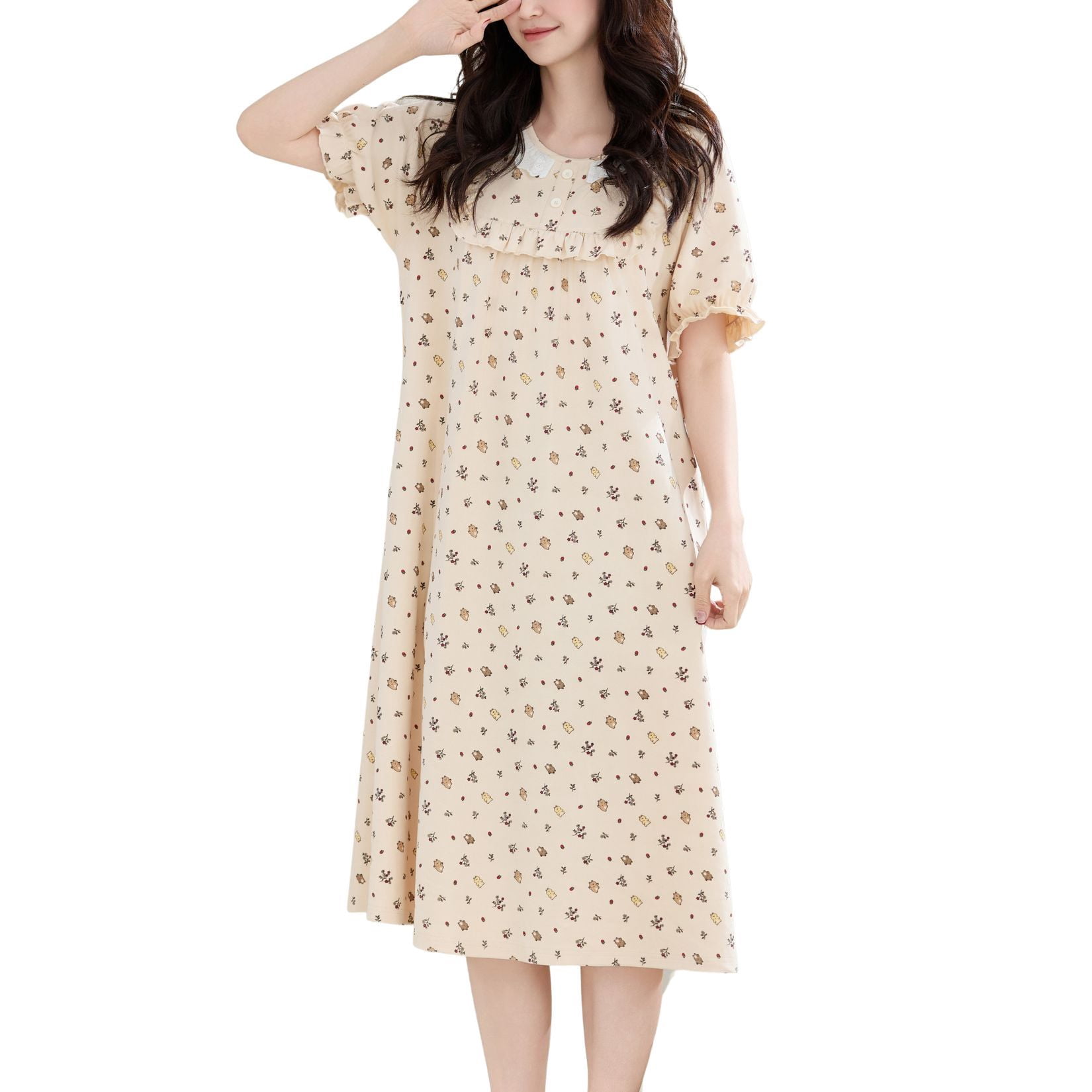 Defitshape Women's Short Sleeve Pajamas Cotton Nightgown V Neck Modern ...