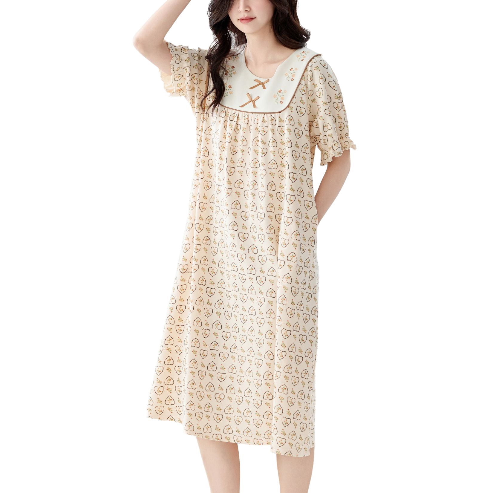 Defitshape Women's Short Sleeve Pajamas Cotton Nightgown V Neck Modern ...