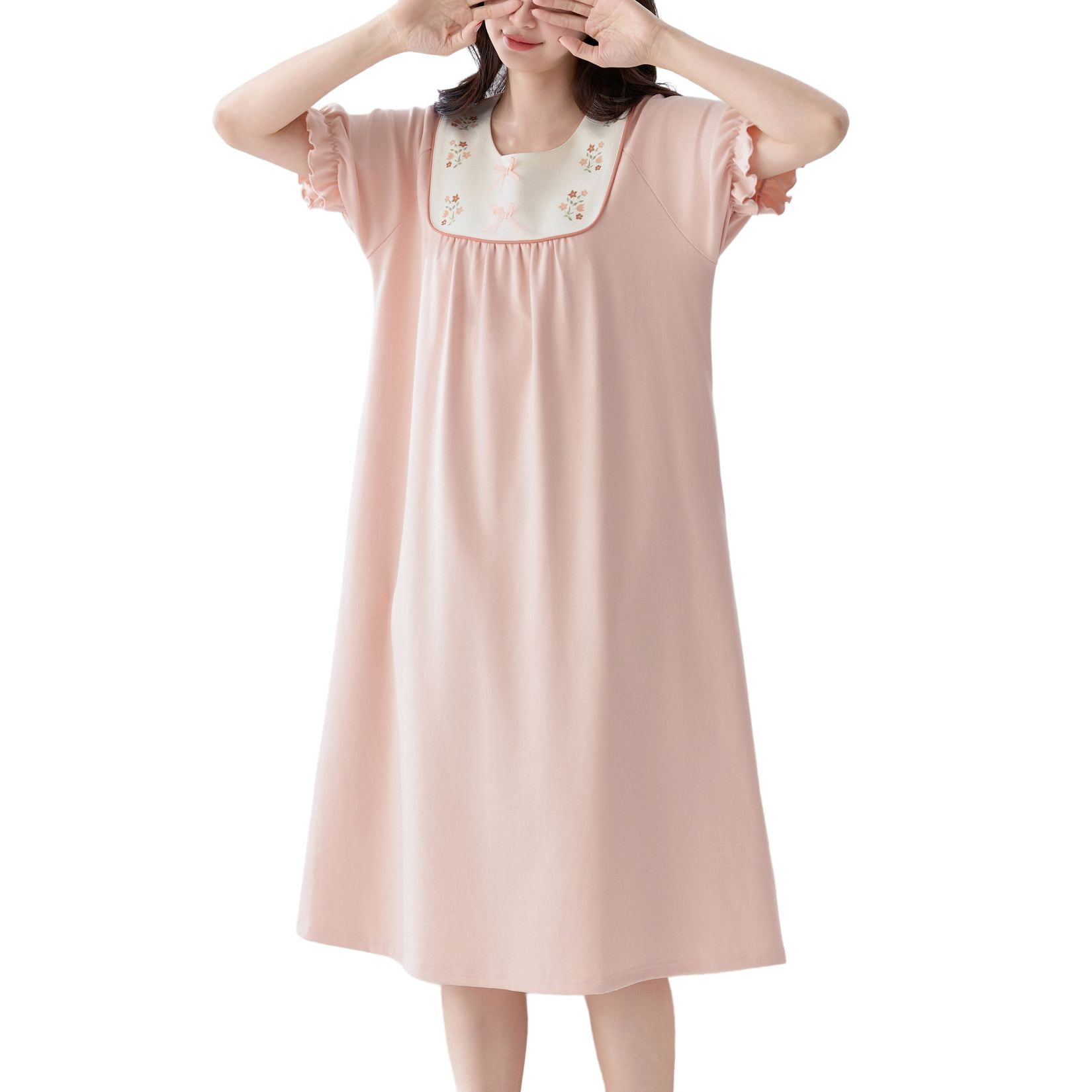 Defitshape Women's Short Sleeve Pajamas Cotton Nightgown V Neck Modern ...