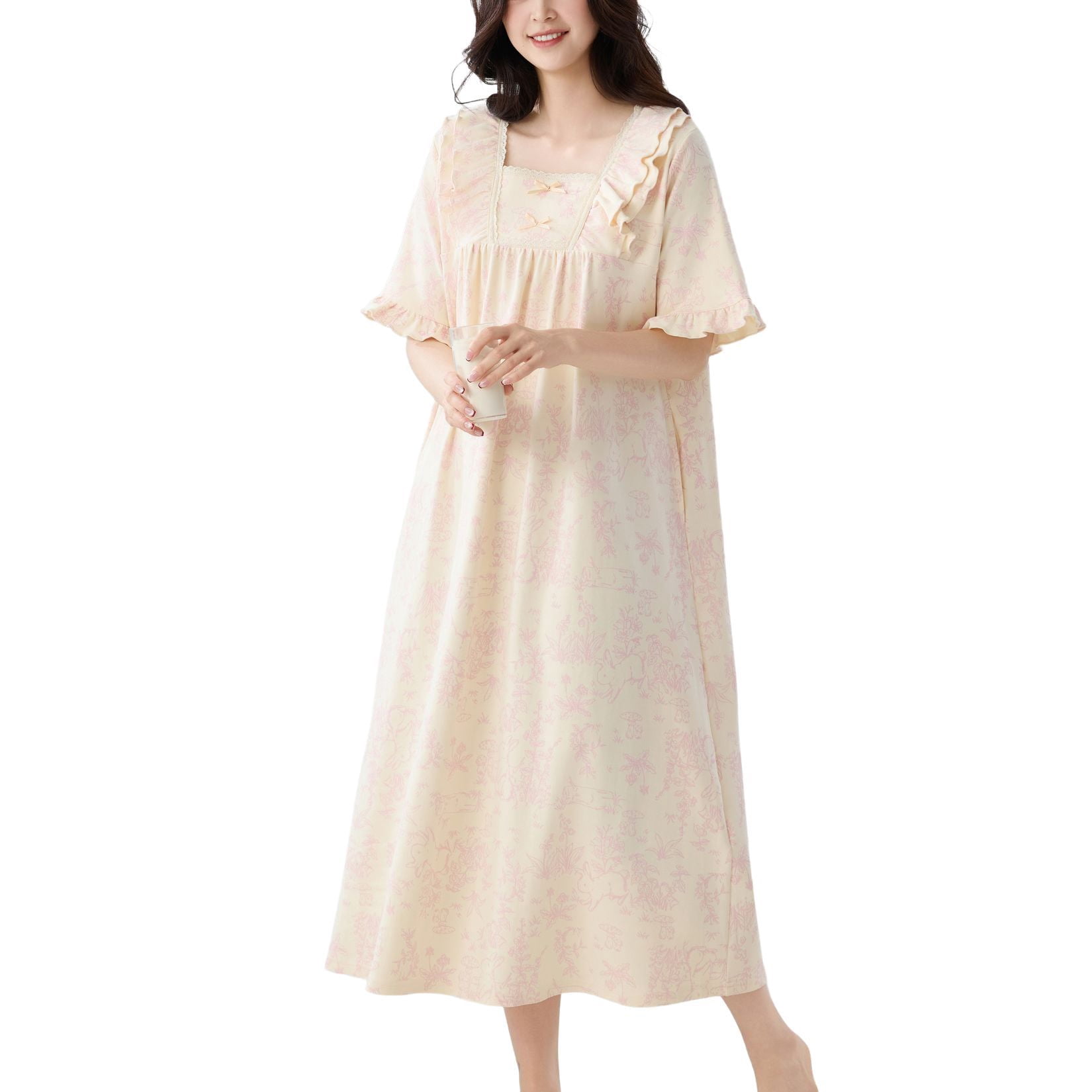 Defitshape Women's Short Sleeve Pajamas Cotton Nightgown V Neck Modern ...