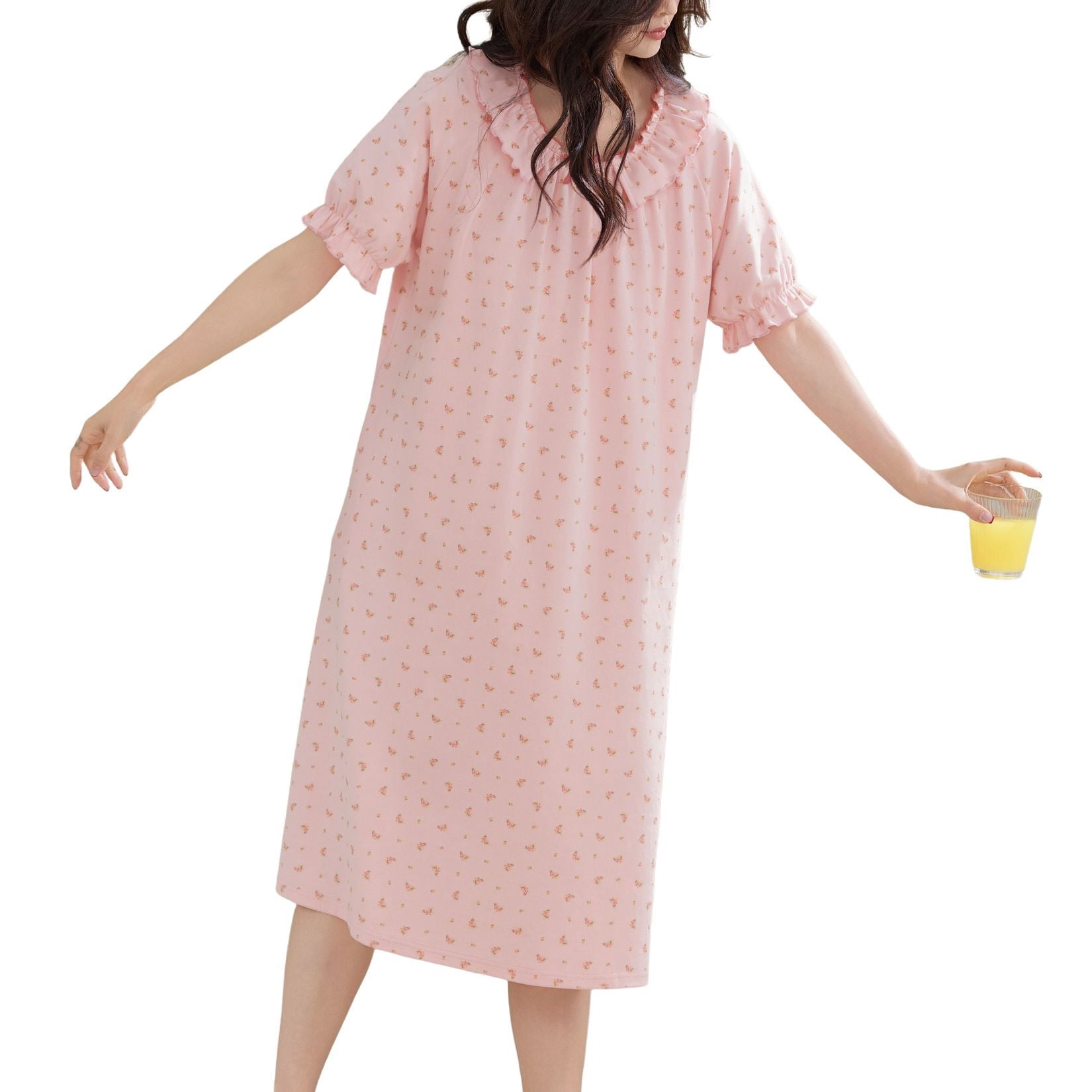 Defitshape Women's Short Sleeve Pajamas Cotton Nightgown V Neck Modern ...