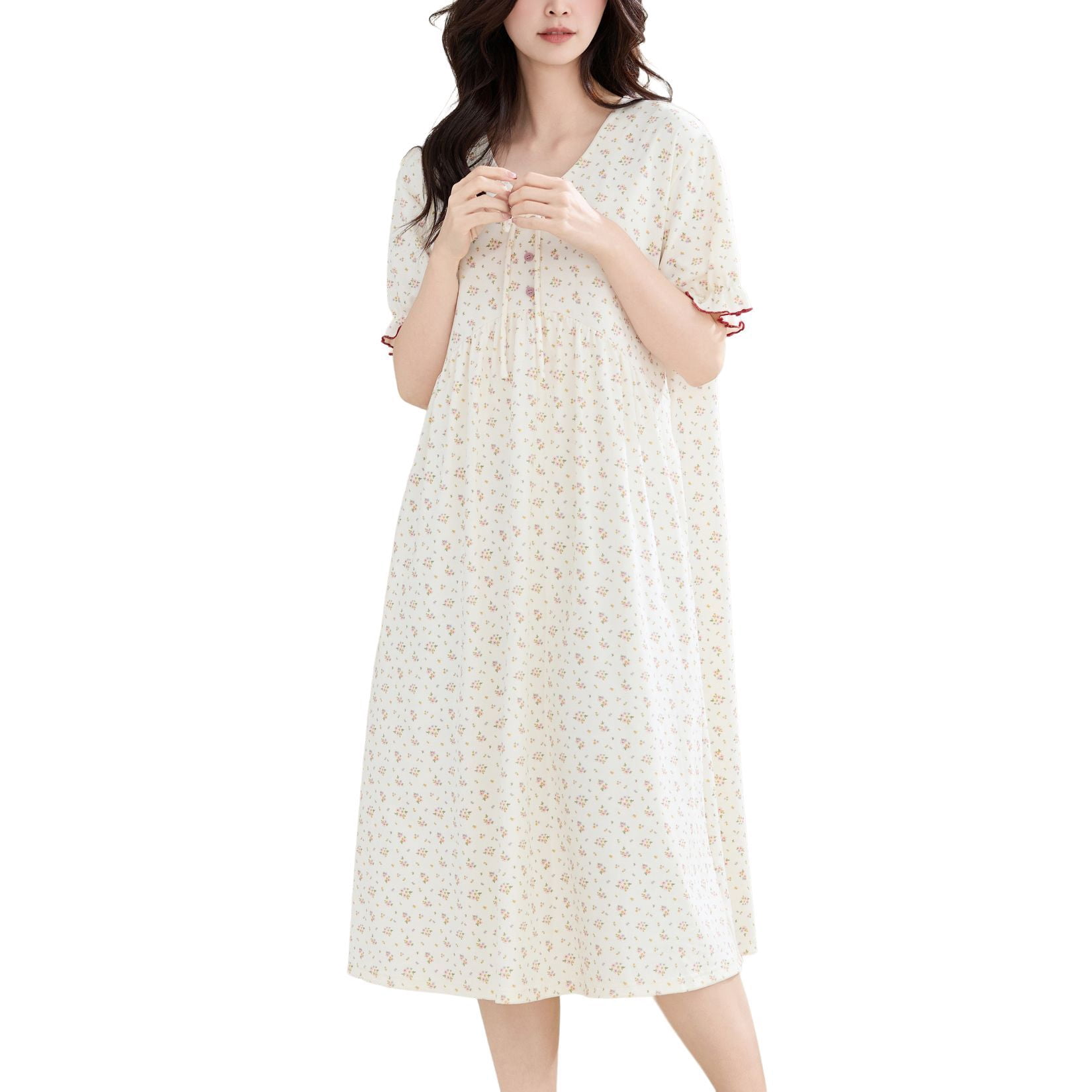 Defitshape Women's Short Sleeve Pajamas Cotton Nightgown V Neck Modern ...