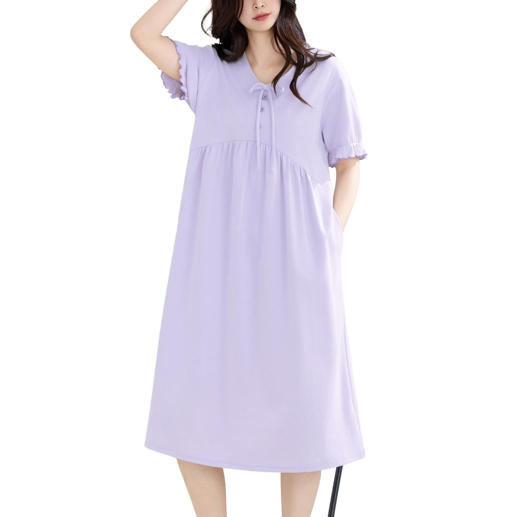 Defitshape Women's Short Sleeve Pajamas Cotton Nightgown V Neck Modern ...