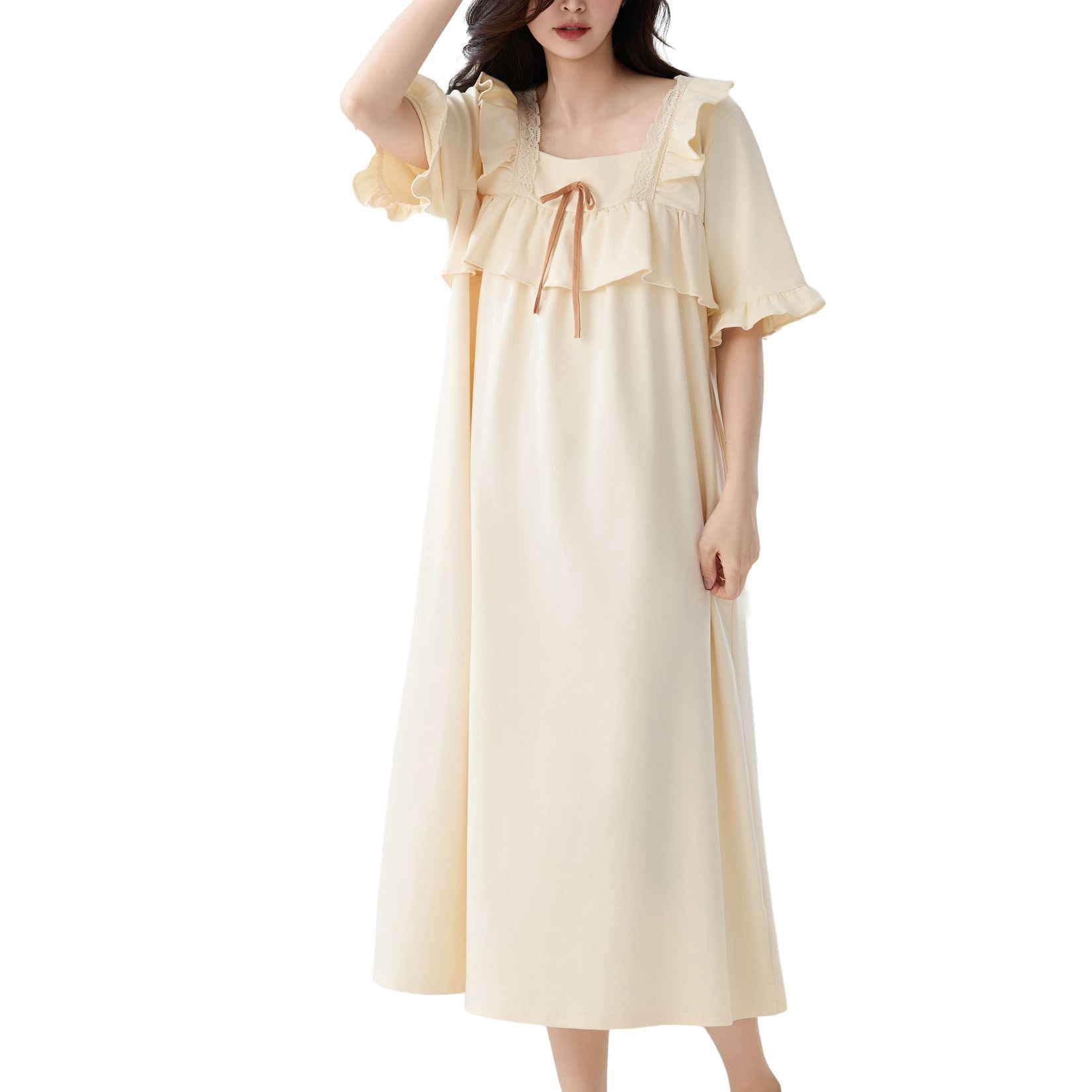 Defitshape Women's Short Sleeve Pajamas Cotton Nightgown V Neck Modern ...