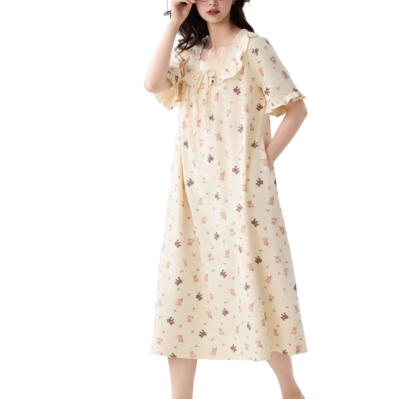 Defitshape Women's Short Sleeve Pajamas Cotton Nightgown V Neck Modern ...