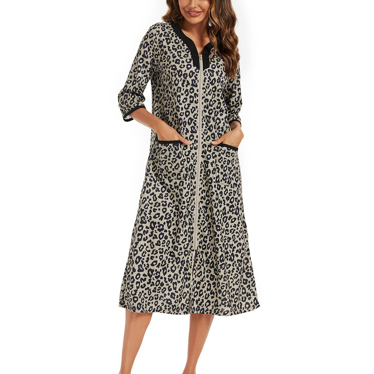 Defitshape Women's Short Sleeve Robe Boho Hippie Summer Full Zipper ...