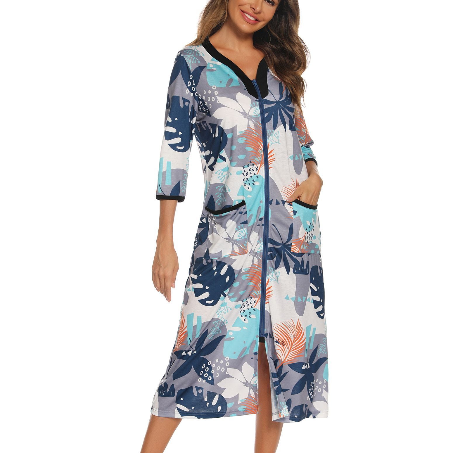 Defitshape Women's Short Sleeve Robe Boho Hippie Summer Full Zipper ...