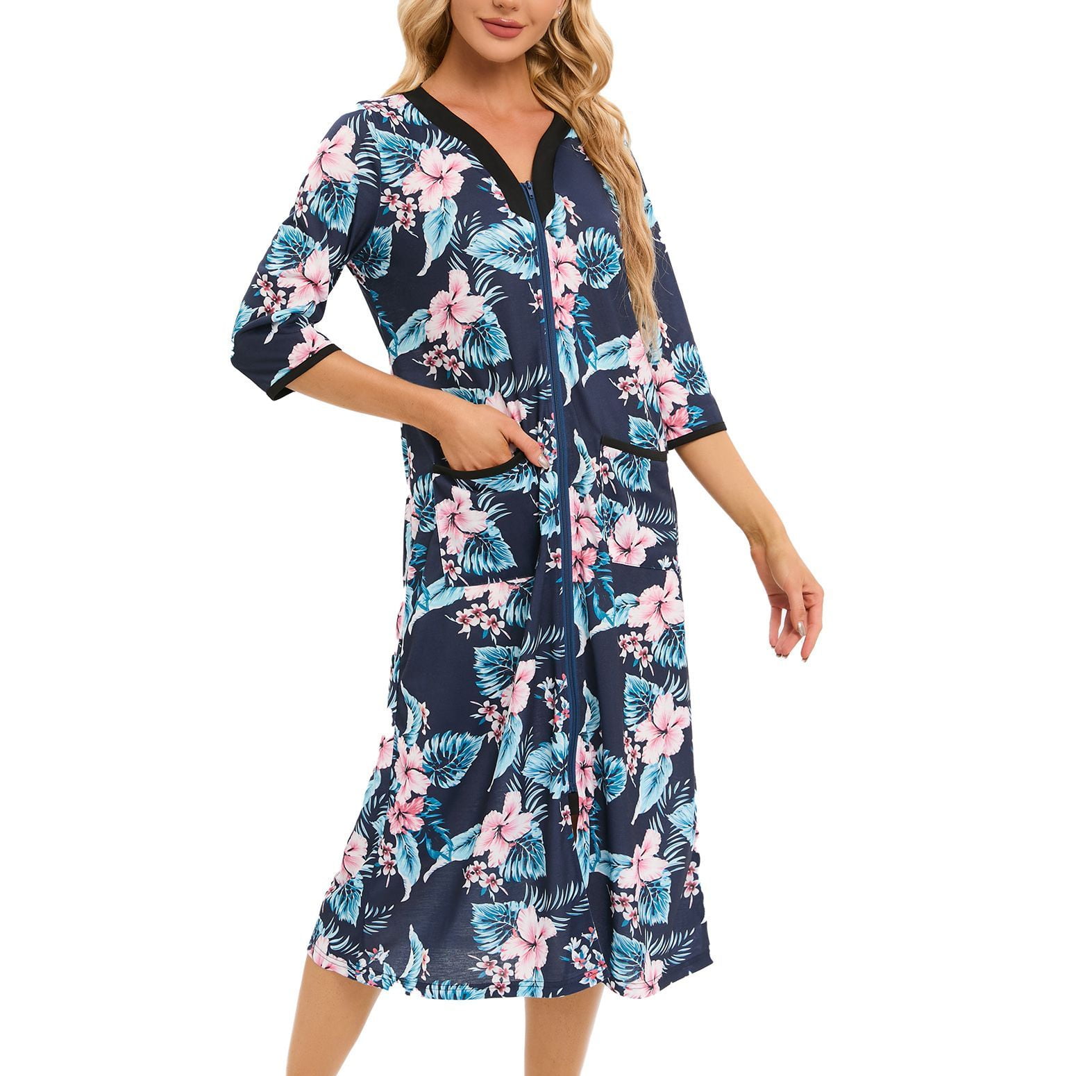 Defitshape Women's Short Sleeve Robe Boho Hippie Summer Full Zipper ...