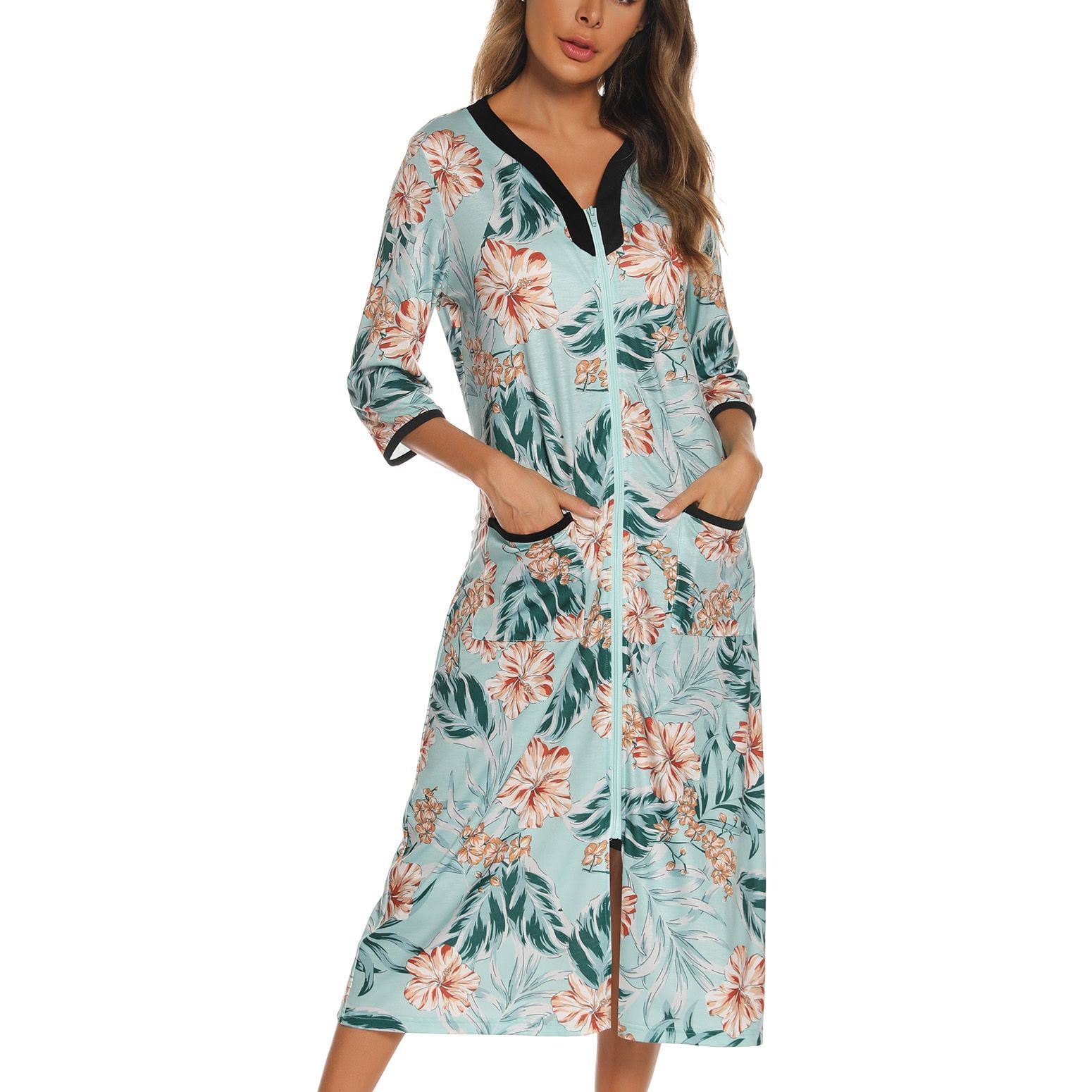 Defitshape Women's Short Sleeve Robe Boho Hippie Summer Full Zipper ...