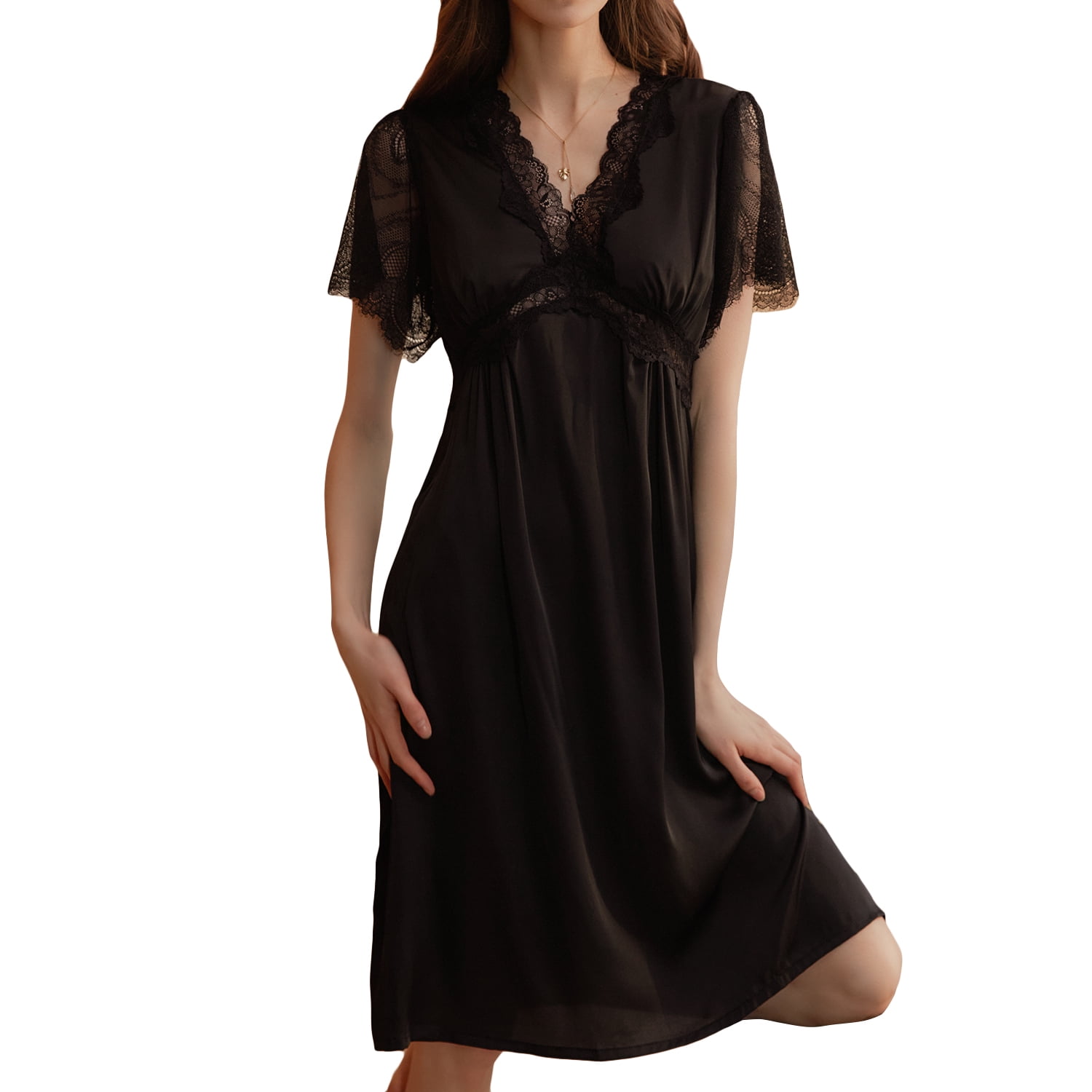 Defitshape Women's Short Sleeve Silky Nightgown Summer Soft Satin Lace ...