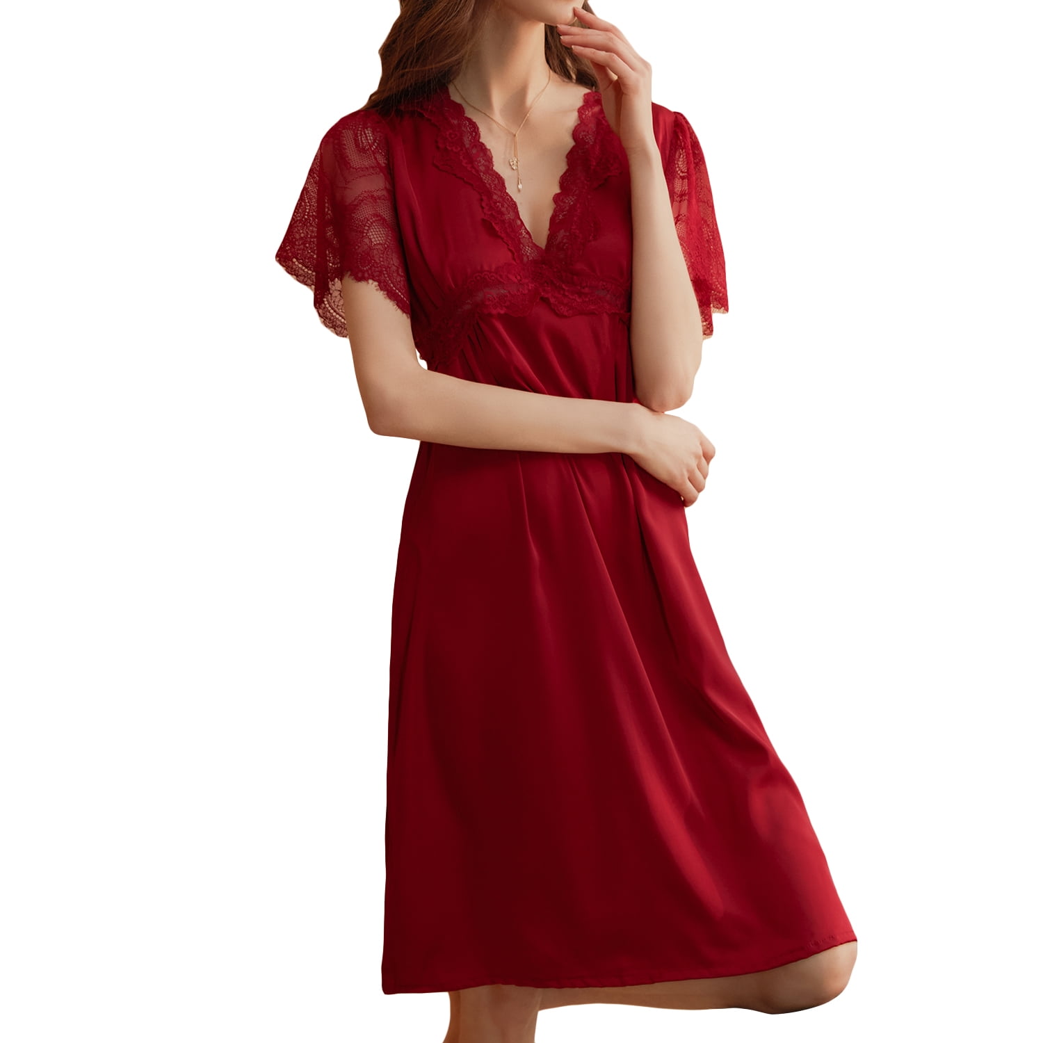 Defitshape Women's Short Sleeve Silky Nightgown Summer Soft Satin Lace ...