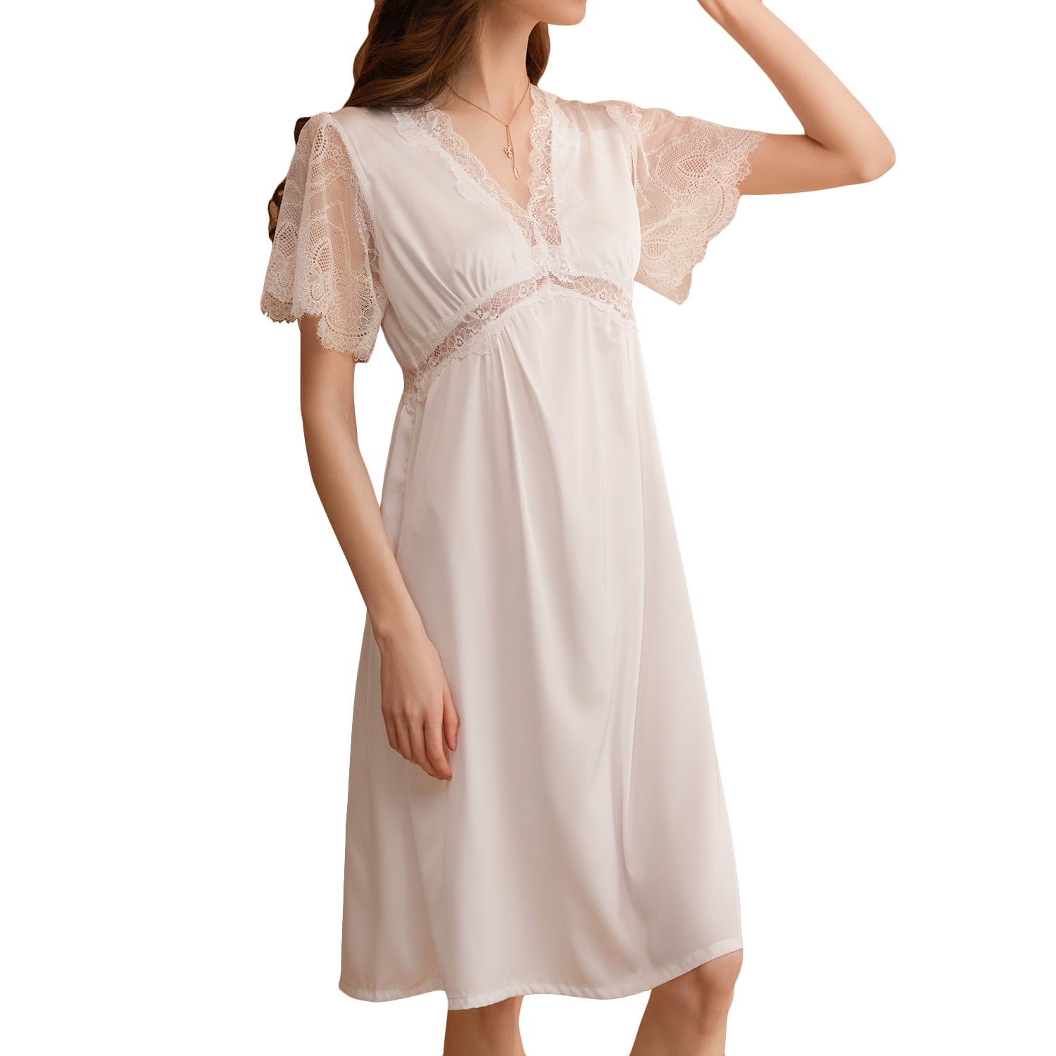 Defitshape Women's Short Sleeve Silky Nightgown Summer Soft Satin Lace ...