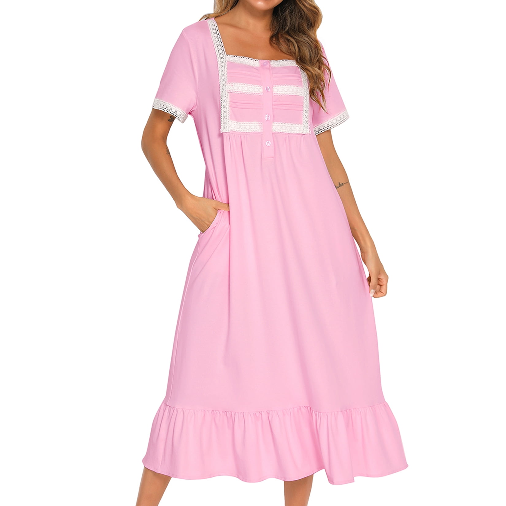 Defitshape Women's Short Sleeve Sleep Dress Plain Vintage Lace Frill ...