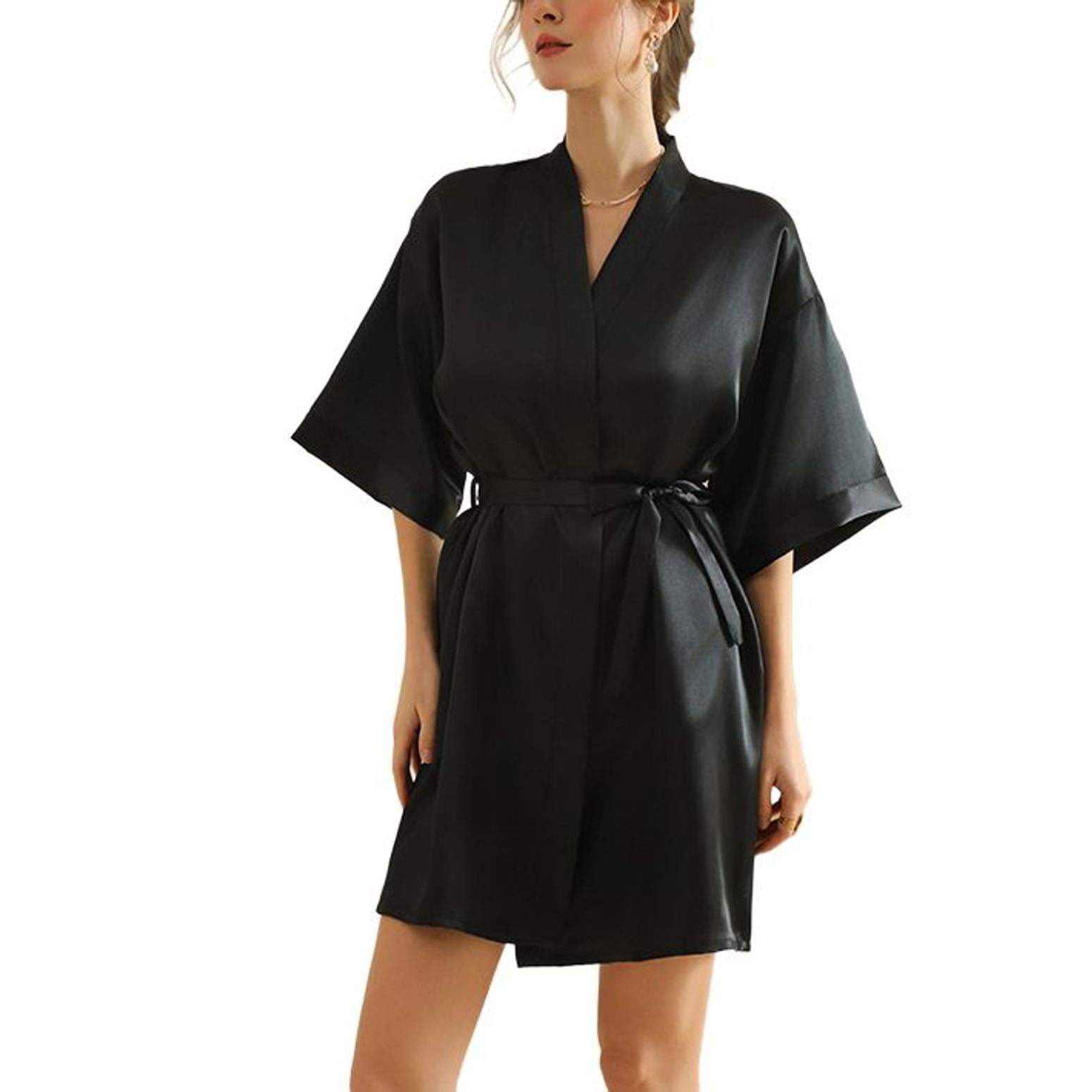 Defitshape Women's Short Sleeves Bath Robe Billowy Satin Bathrobe Belt ...